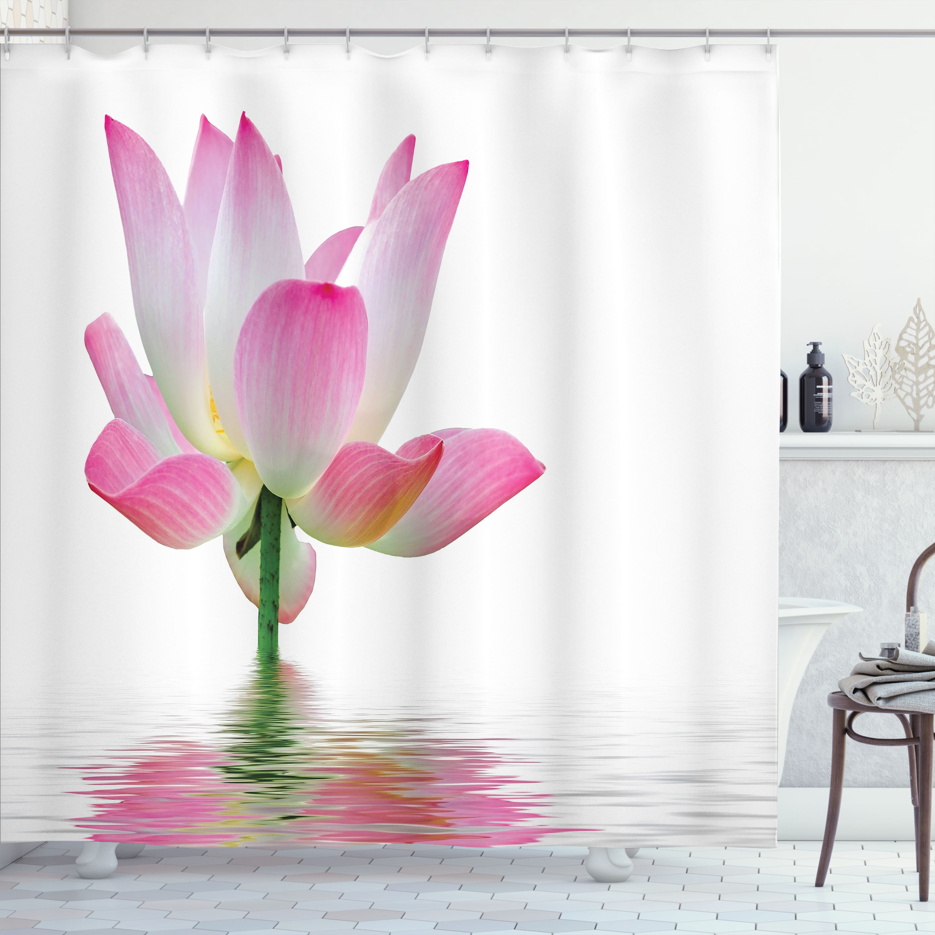 East Urban Home Pink and White Shower Curtain Lotus in Water Pink White ...