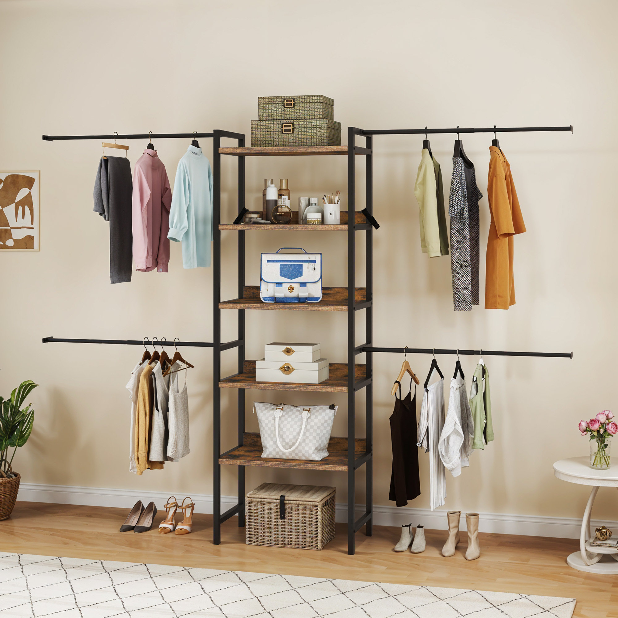 17 Stories Heavy-Duty Closet Organizer with Shelves, Hanger Rods, and ...