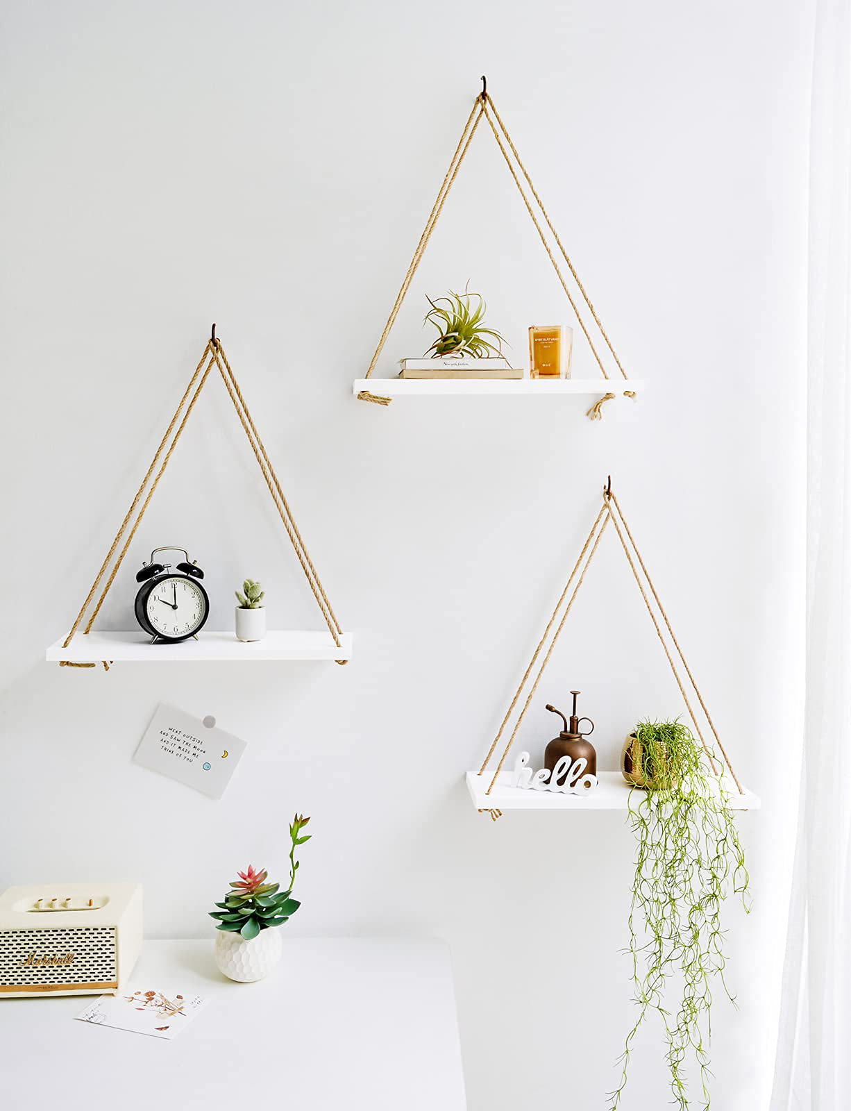 Dakota Fields Wooden Hanging Shelves, Swing Rope Rustic Floating ...