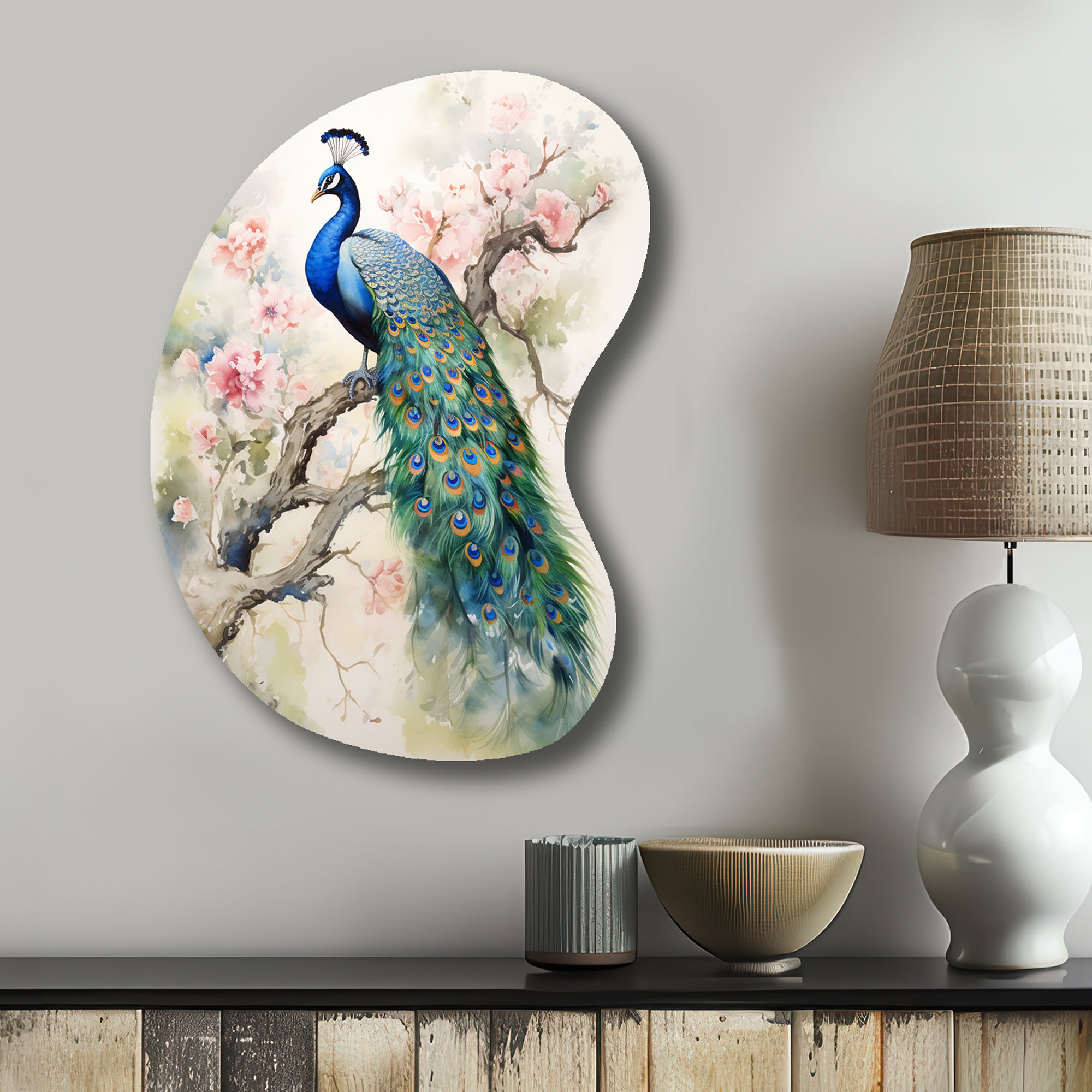 Bungalow Rose Blue Ink Wash Peacock I - Peacock Boom Shape Metal Wall ...