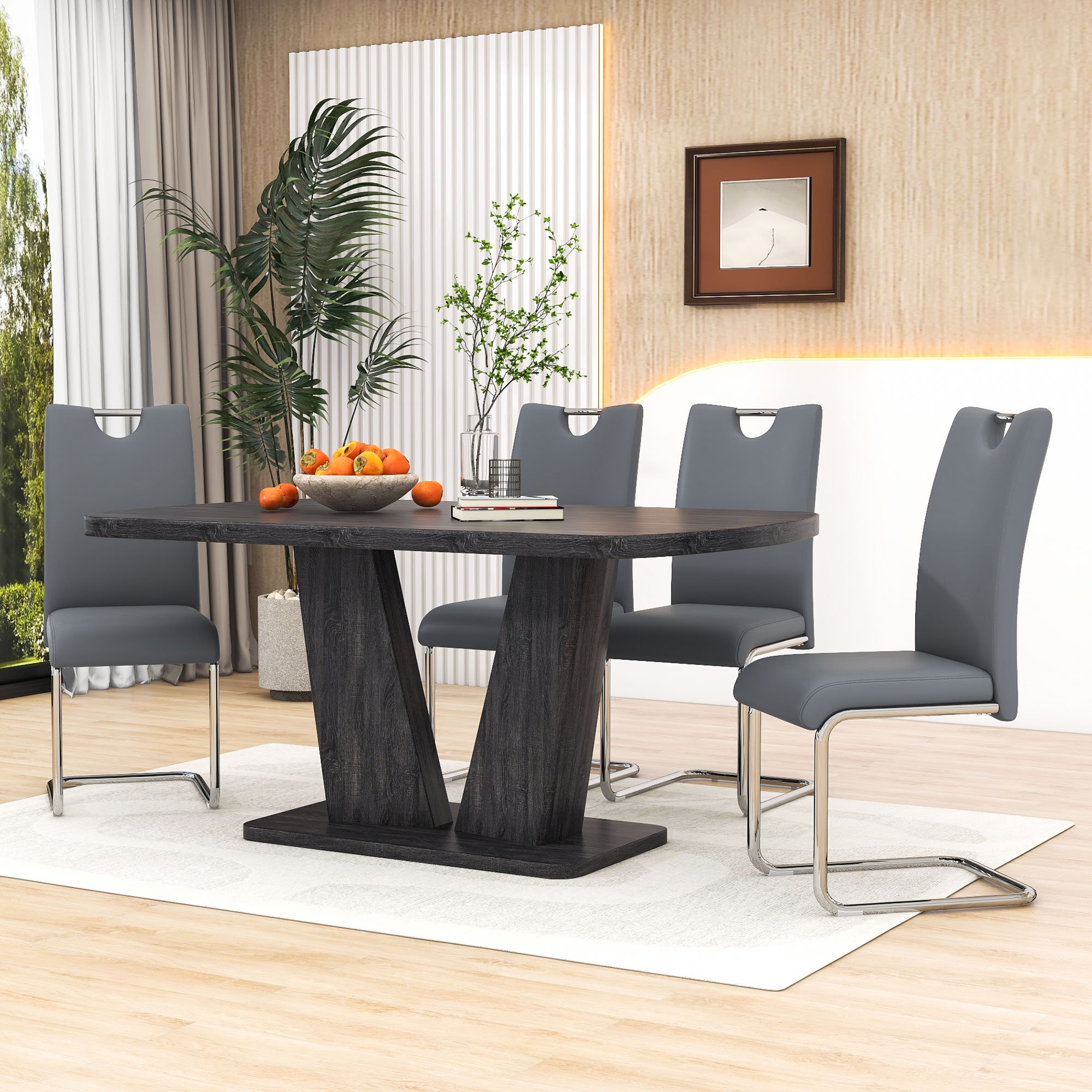 Ivy Bronx Modern 5-Piece Dining Set, Wood Dining Table with V-Shaped ...