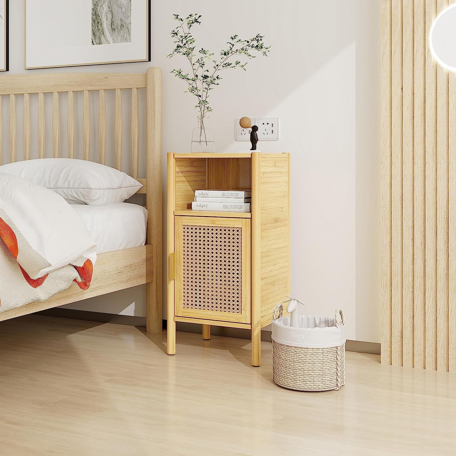 ColorLife Bamboo And Rattan 1 Door Cabinet, Bedside Table Accent End ...