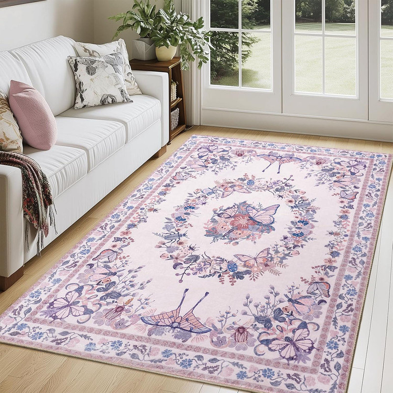 August Grove® Washable Area Rug Pink Butterfly Soft Accent Carpet ...
