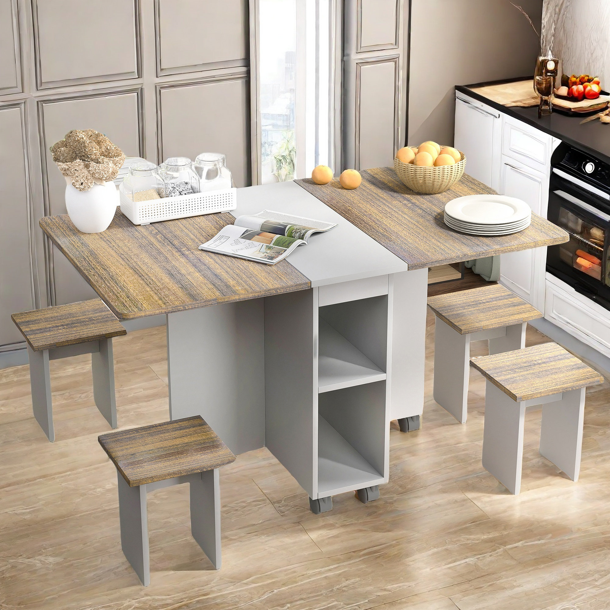 Ebern Designs Slowe Dining Table Sets With 4 Chairs, Drop Leaf, Storage ...