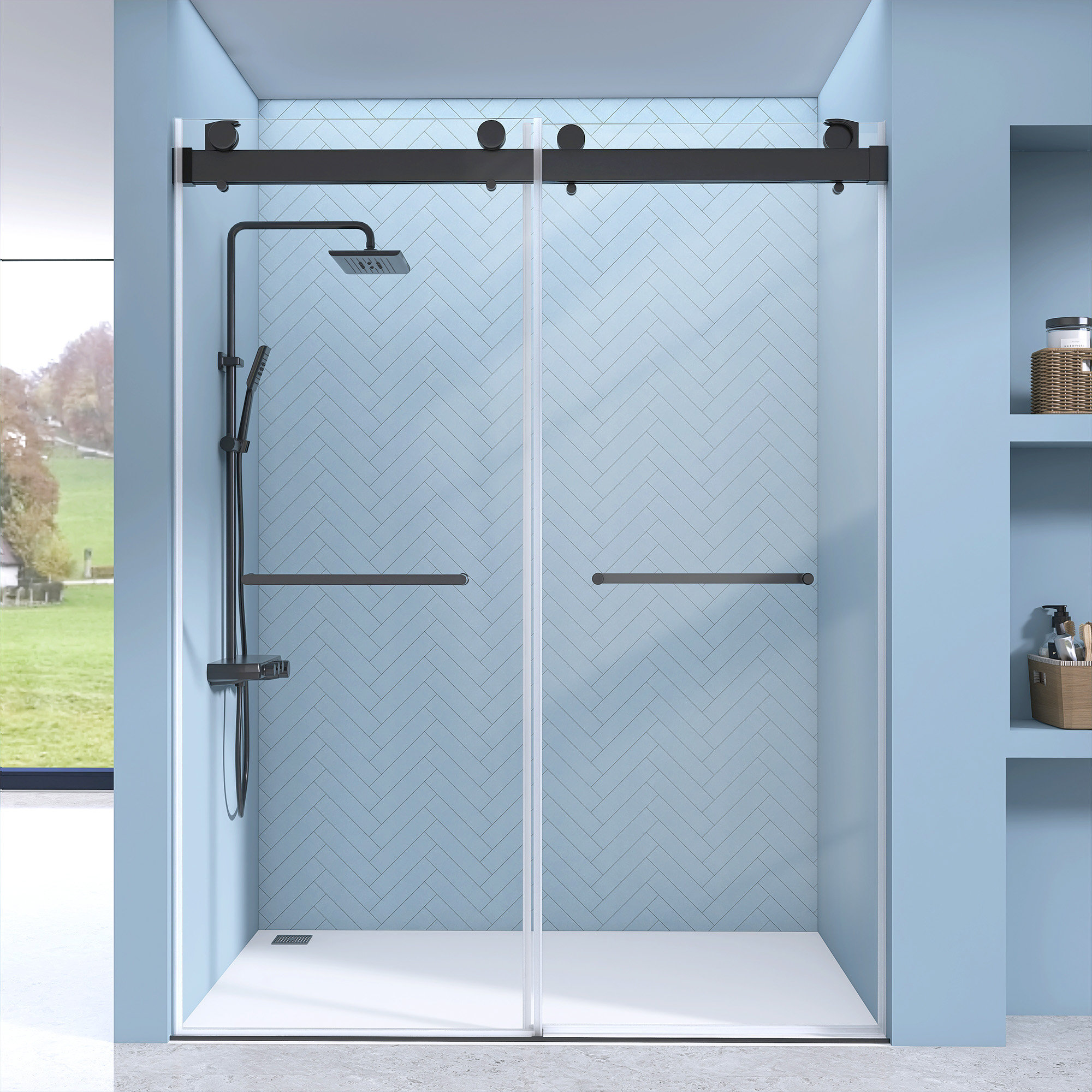 Ogonbrick 68'' - 72'' W x 79'' H Double Sliding Frameless Shower Door ...