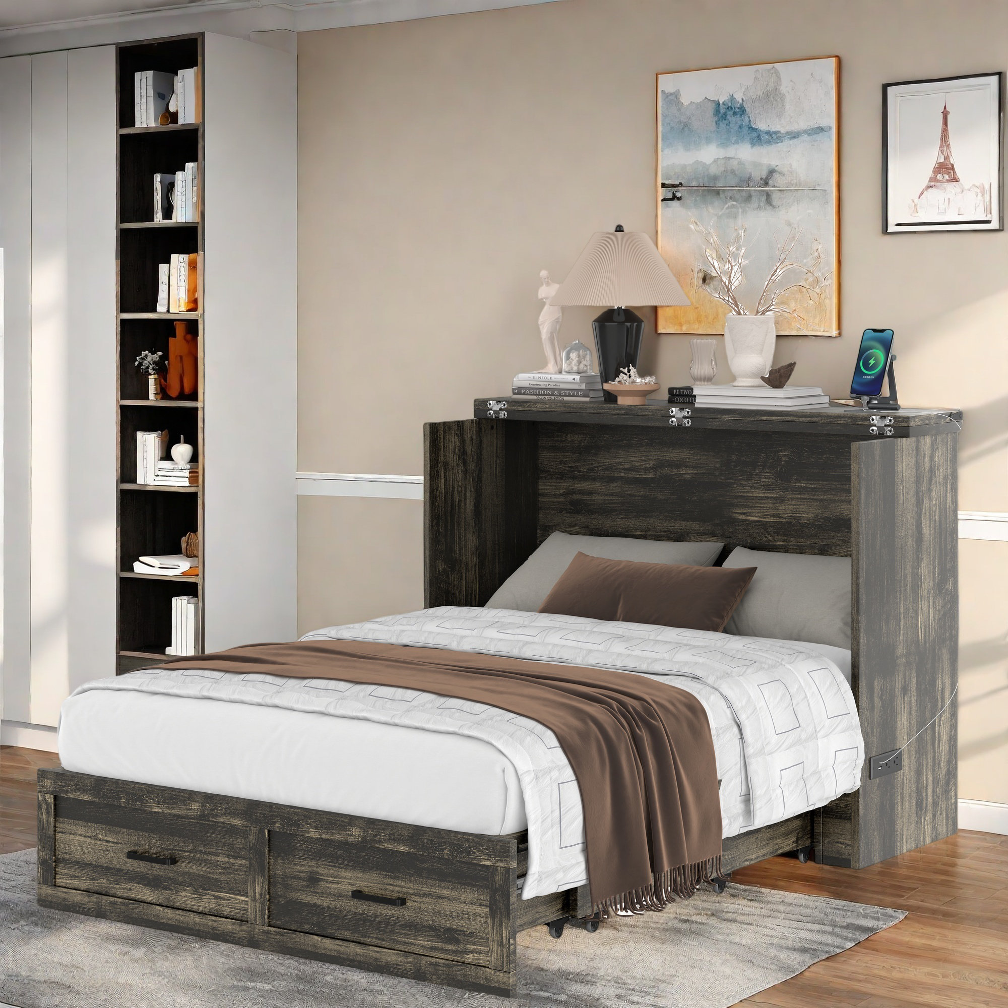 Red Barrel Studio® Multi-functional Foldable Murphy Bed With Charging ...