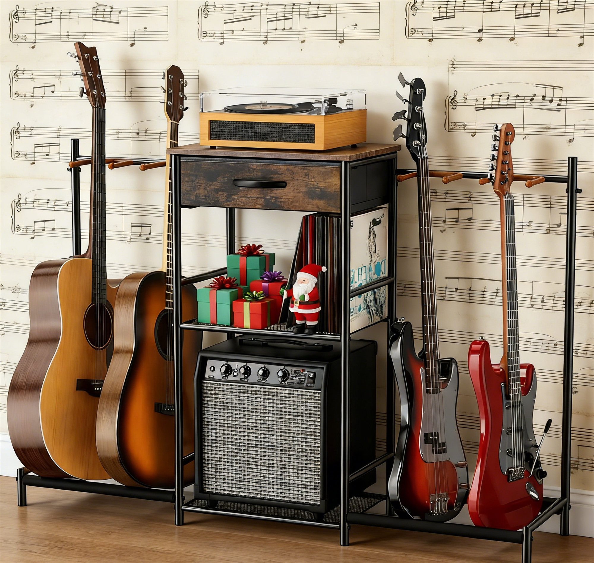 17 Stories Floor Guitar Stand With 4 Holders, 3 Tiers, Amp Stand, And ...