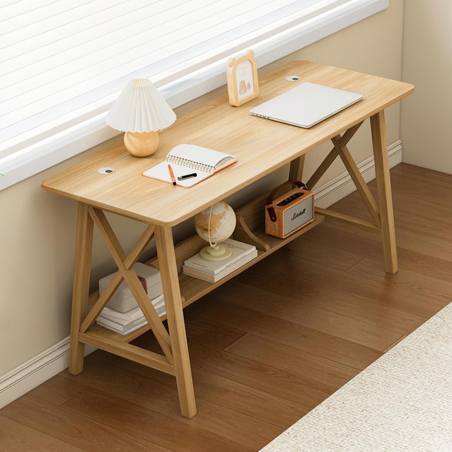 Gracie Oaks Oak Solid Wood Long Desk with Bookshelf,Home Office Work ...