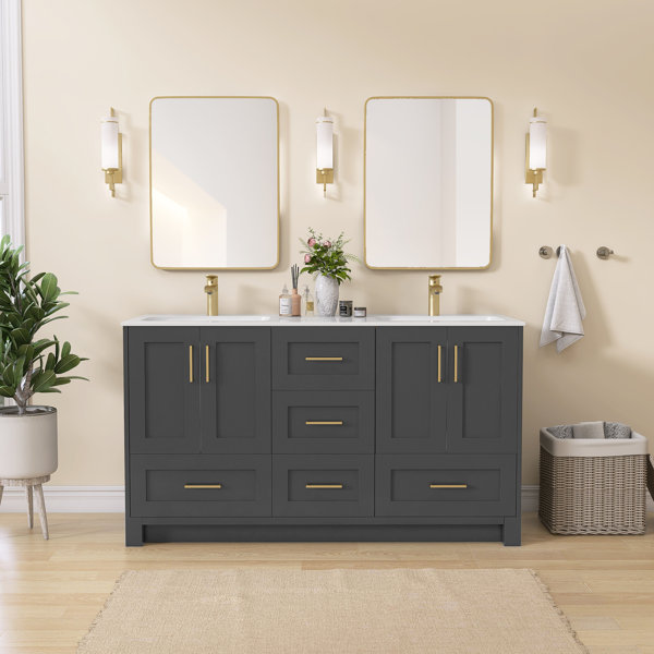Mercer41 Beunka 60'' Double Sinks Freestanding Bathroom Vanity Cabinet ...