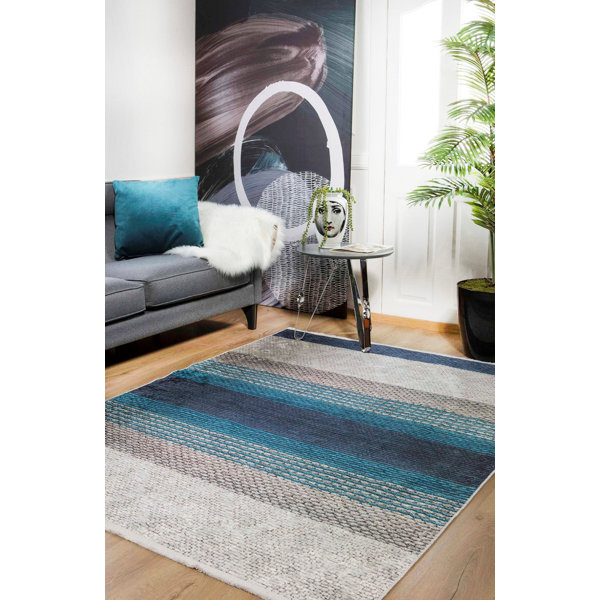 Gracie Oaks Leonel Striped Machine Woven Blue Area Rug | Wayfair.co.uk