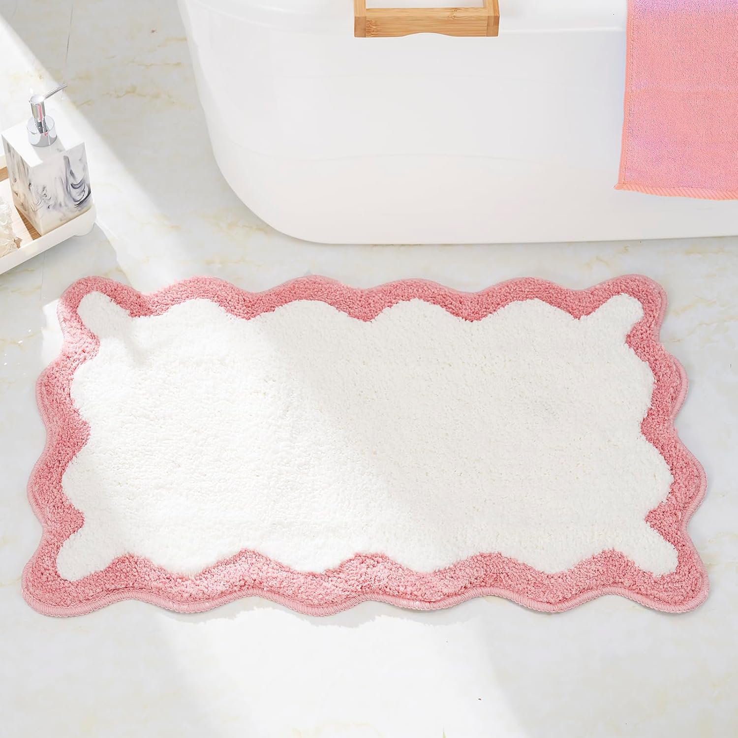 Latitude Run® Luxury Cute Bathroom Rugs, White Bath Mat W/Pink ...