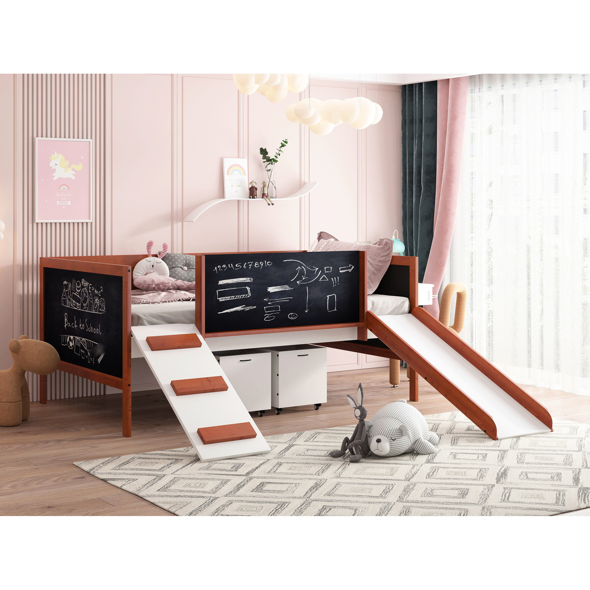 Latitude Run® Twin Loft Bed With Slide And Cherry Oak Appearance, Slats ...