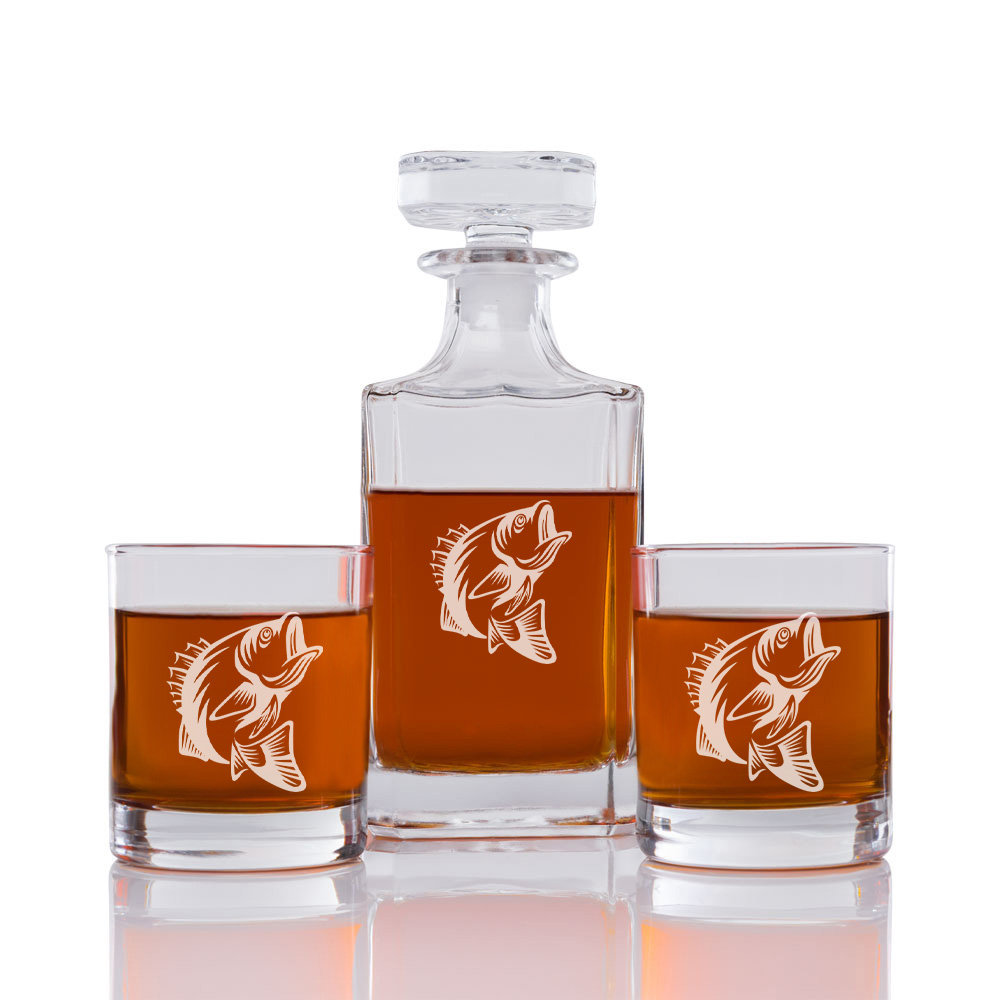 Loon Peak® Fish Engraved 3 Piece Whiskey Decanter Set | Wayfair