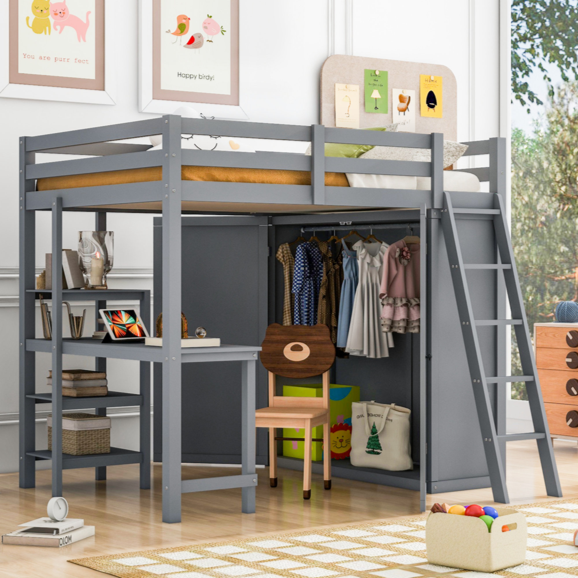 Harriet Bee Ijaz Full Size Loft Kids Bed with Wardrobe and Desk and ...