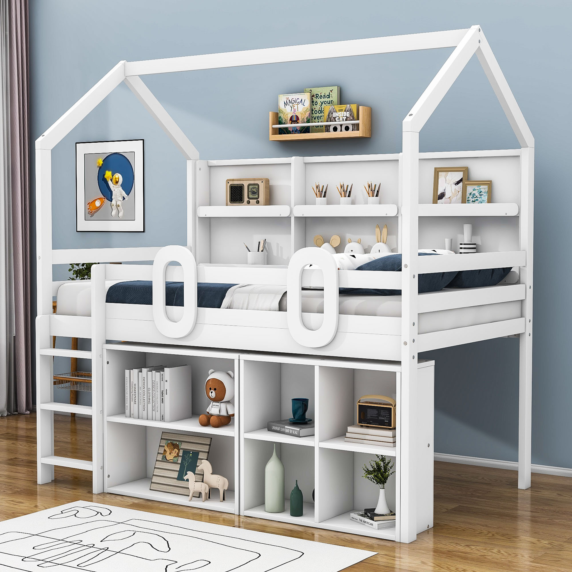 Harper Orchard Trewet Twin Wooden House-Shaped Loft Bed with Shelves ...