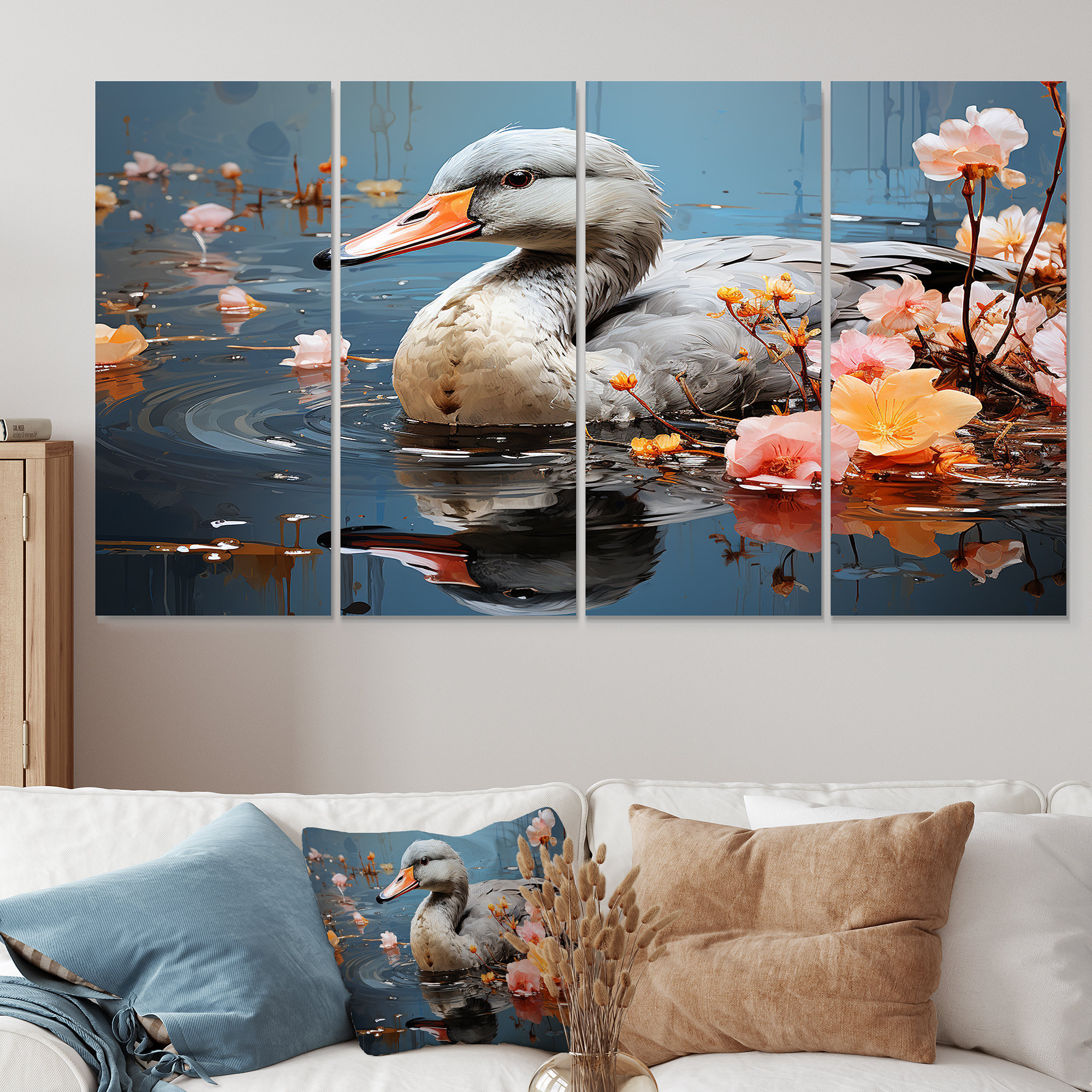 August Grove® Grey Duck Floral Swims I - Duck 4 Piece Wall Art Decor ...