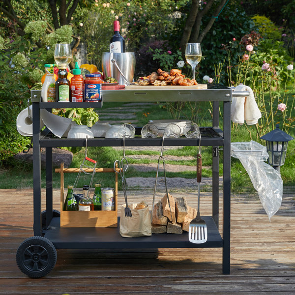 Arlmont & Co. Ozion Three-Shelf Outdoor Grill Dining Cart Movable BBQ ...