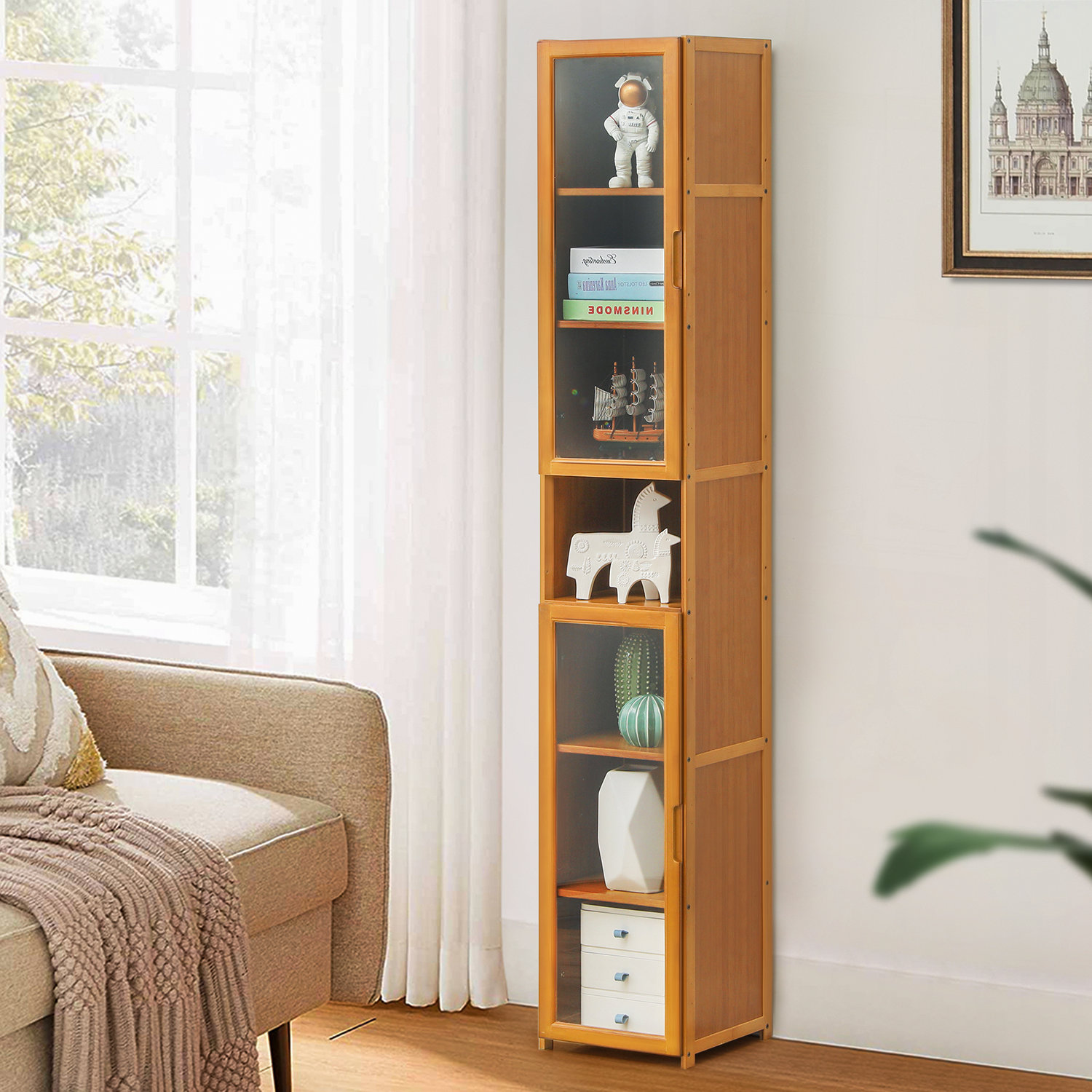 MoNiBloom Bamboo Narrow 7 Tiers Tall Standard Bookcase with Acrylic ...