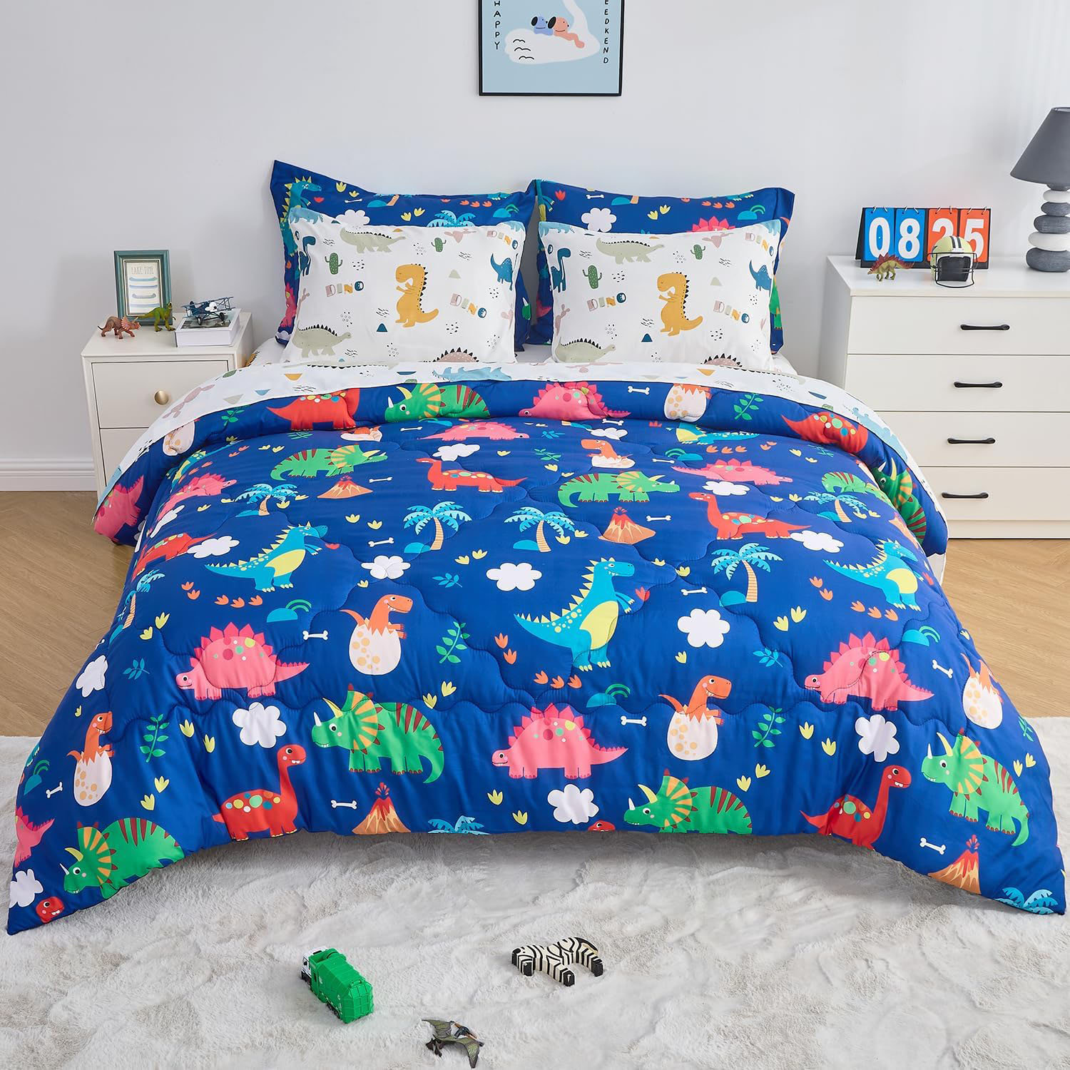 ABESNA 7 Piece Kid Dinosaur Comforter Set 3D Blue Dinosaur Wild Park ...