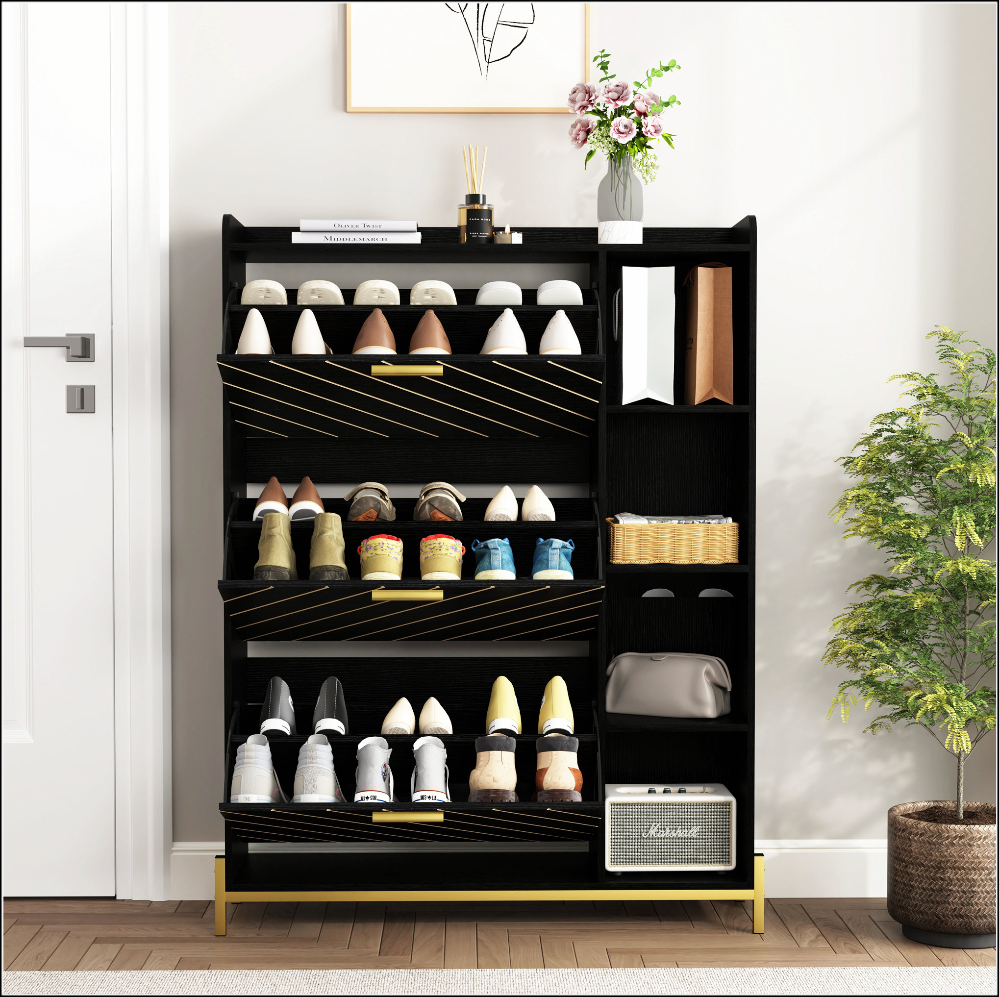 Mercer41 Shoe Cabinet with 3 Flip Drawers & Open Shelves, Modern ...