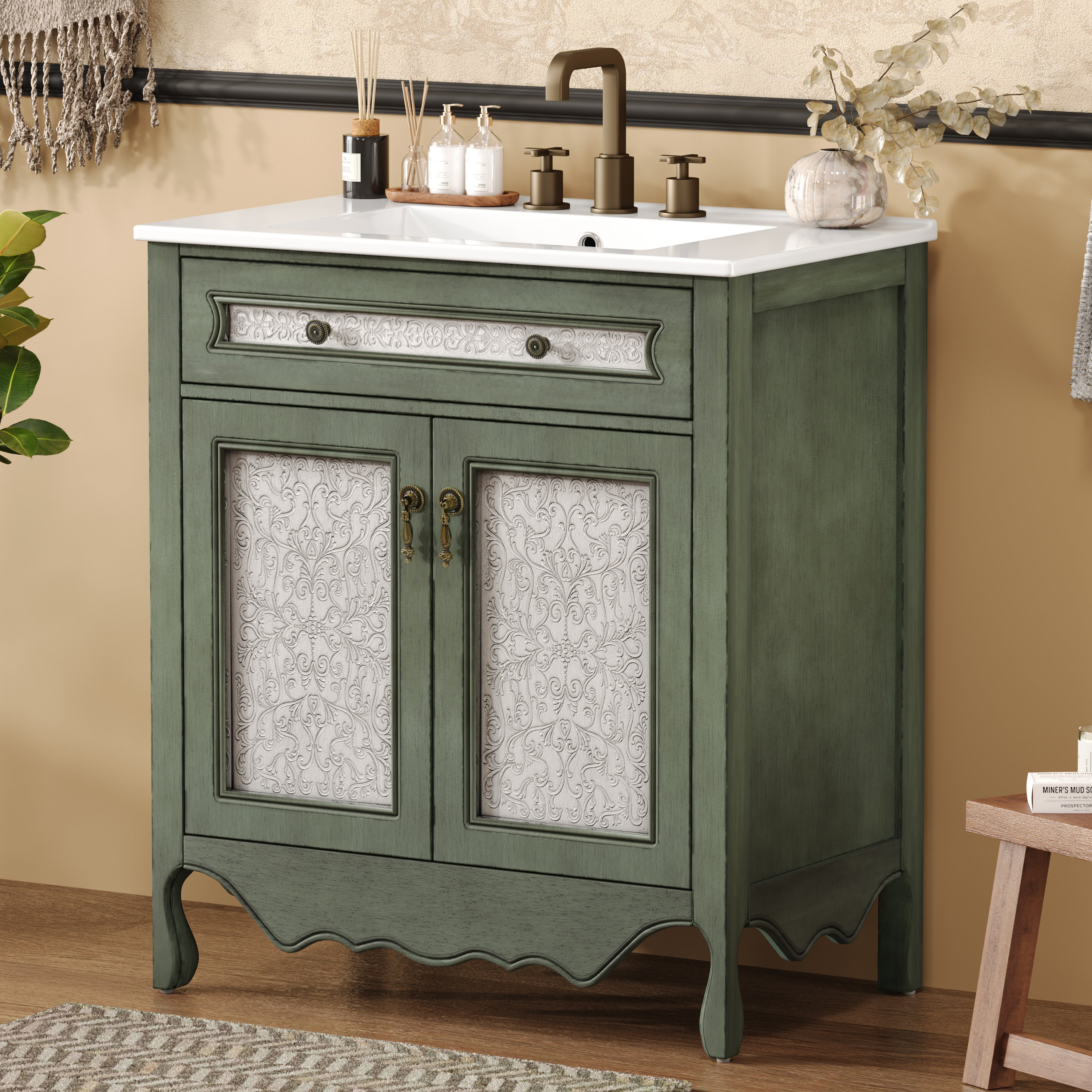 Charlton Home Chad 30" Antique Pattern Bathroom Vanity With Ceramic ...