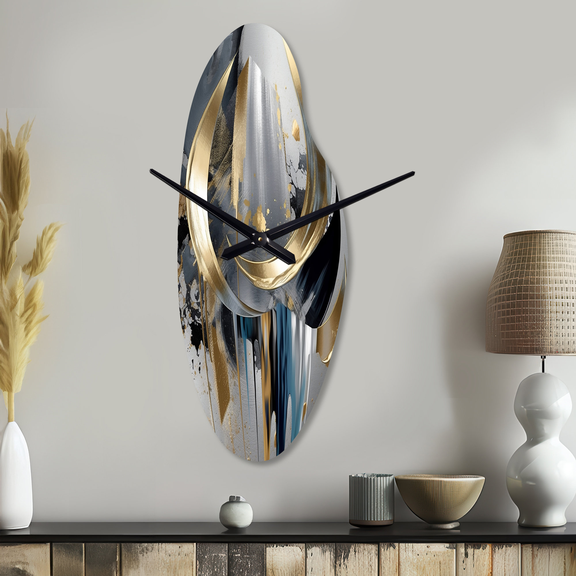 Design Art Abstract Shapes And Lines I - Marble Curved Metal Wall Clock ...