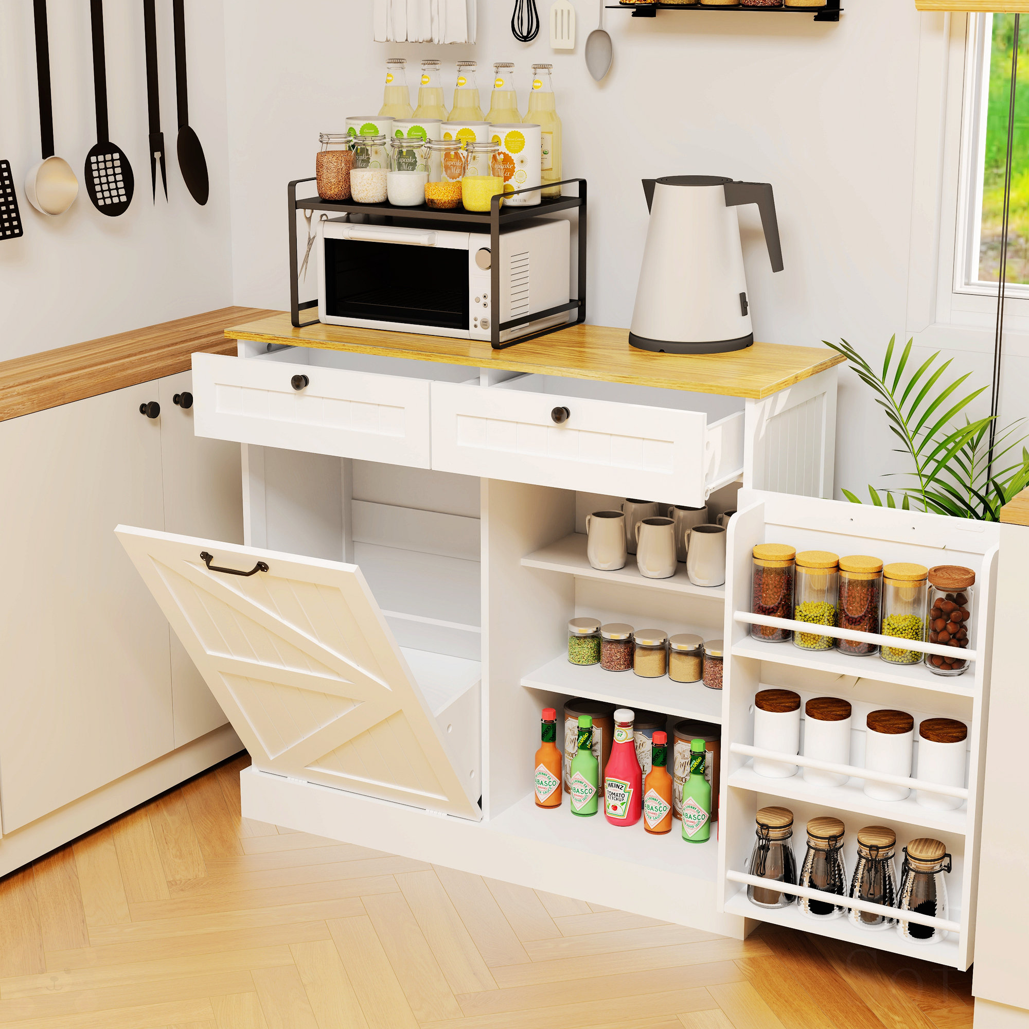 Gracie Oaks Kitchen Trash Can Storage Cabinet With 2 Drawers & 1 Tilt ...