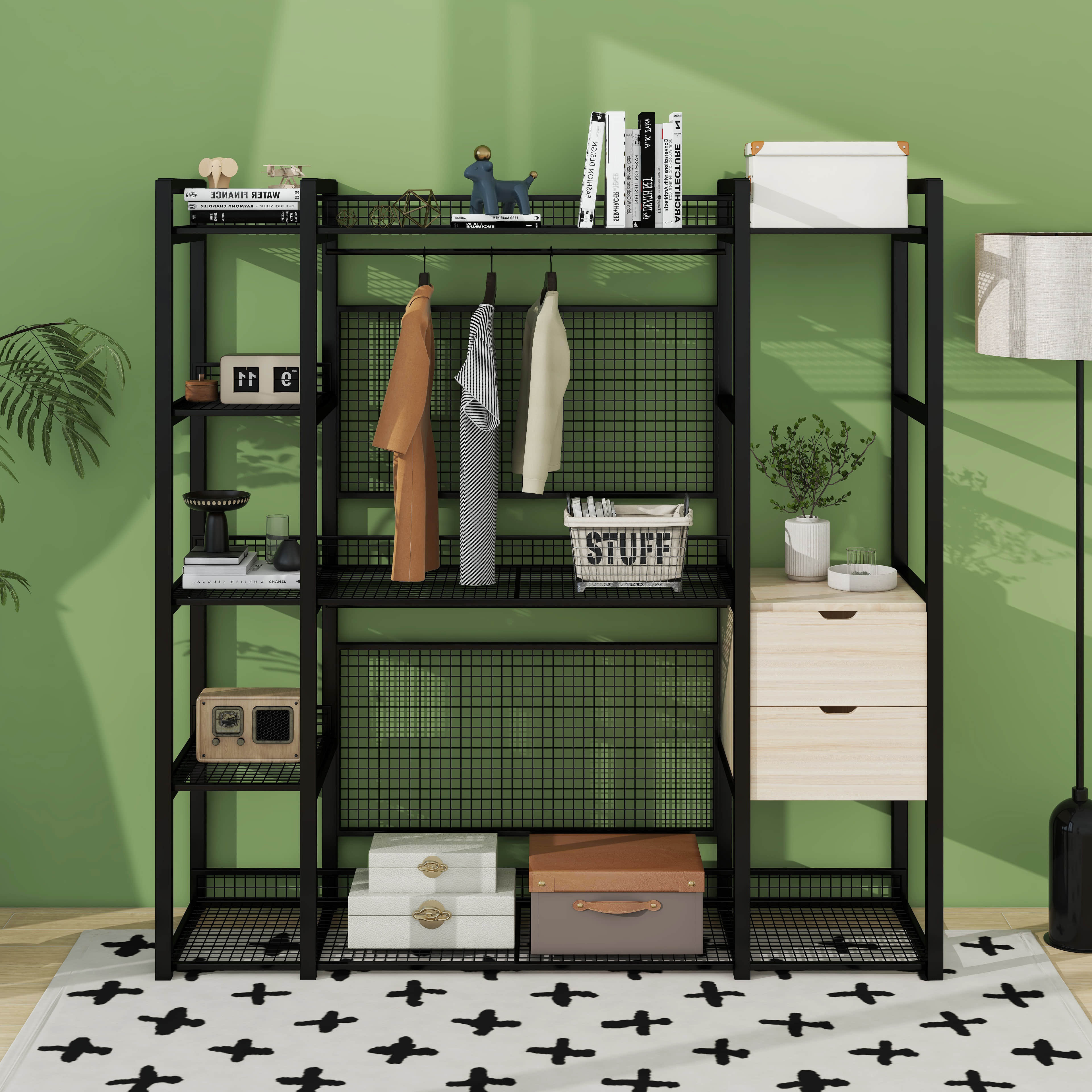 Ebern Designs Open-Style Wardrobe With Hanging Rails, Shelves And ...