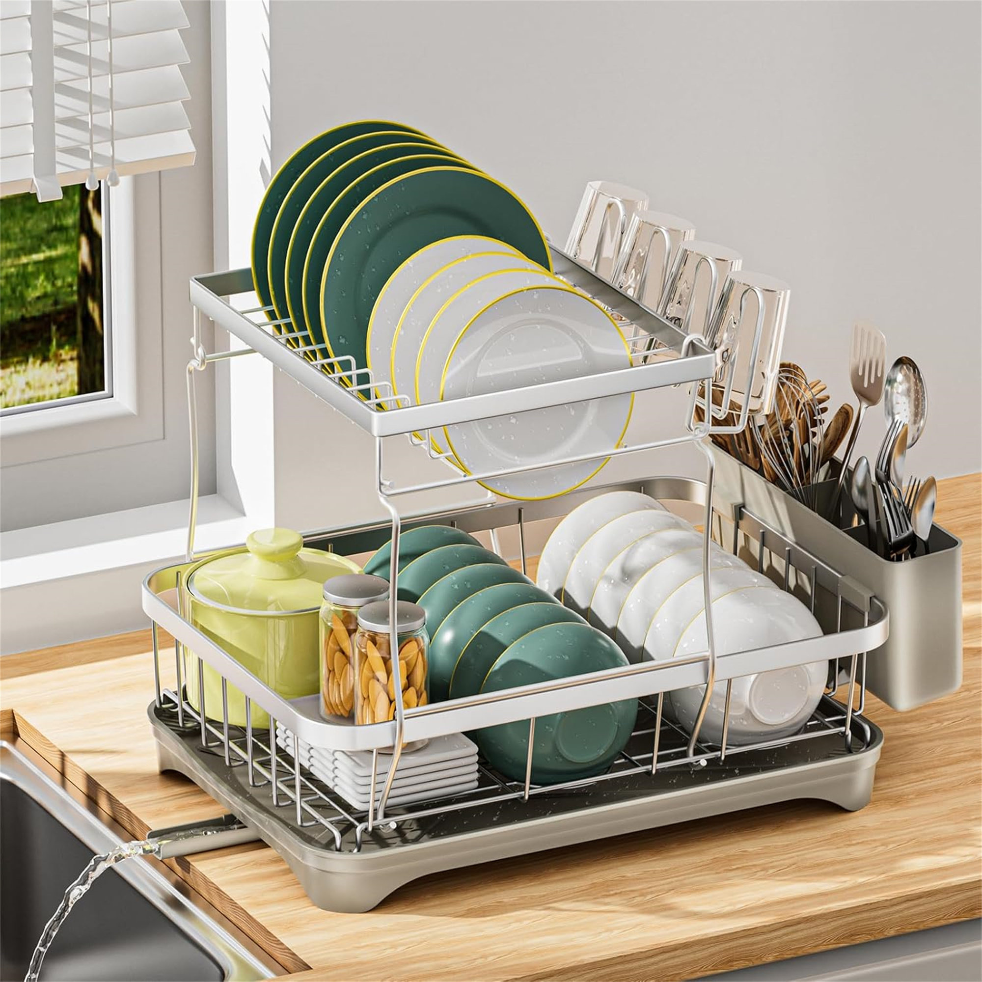 FODORL Drainer Tray Strainer with Utensil Rack Kitchen Dish Drying Rack ...