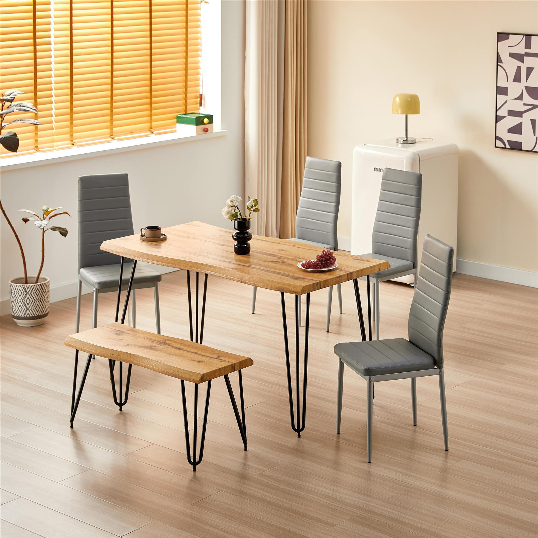 Norden Home Wooden Dining Table With Bench and 4 Padded Leather Chairs ...