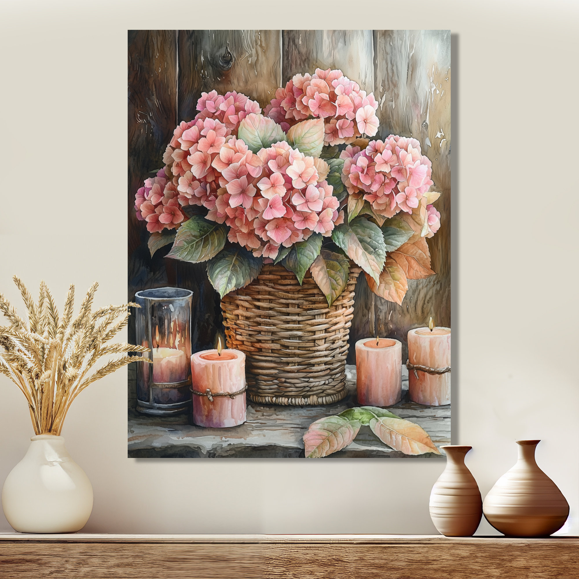 Latitude Run® Hydrangeas In A Woven Basket With Candle III - Hydrangea Metal Wall Art For Living ...