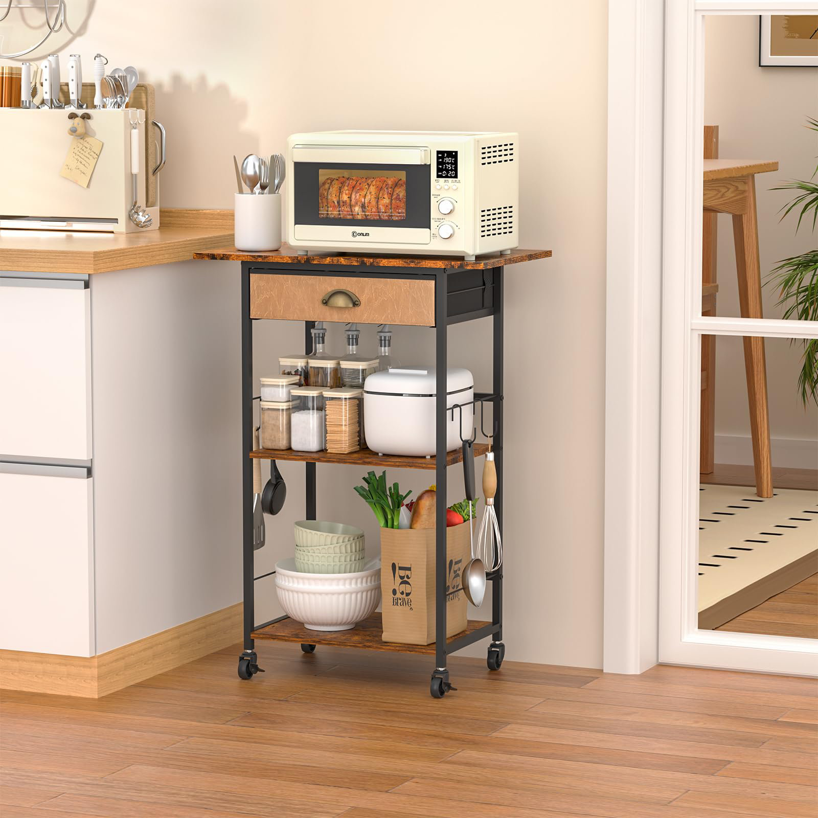 CONMINI Kitchen Microwave Cart With Storage,3 Tier Rolling Microwave ...