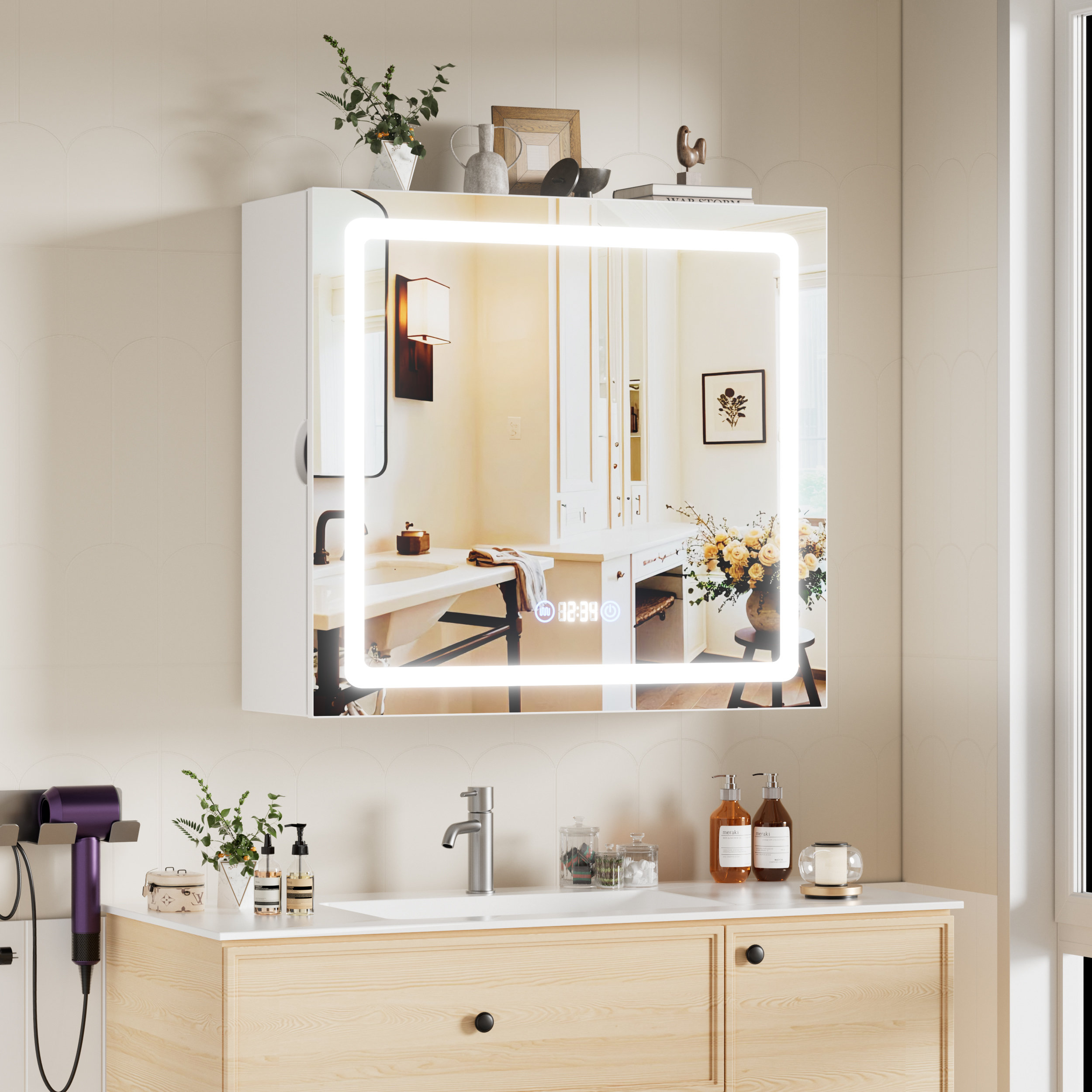 Ebern Designs Lighted Bathroom Medicine Cabinet With Mirror & Hidden ...