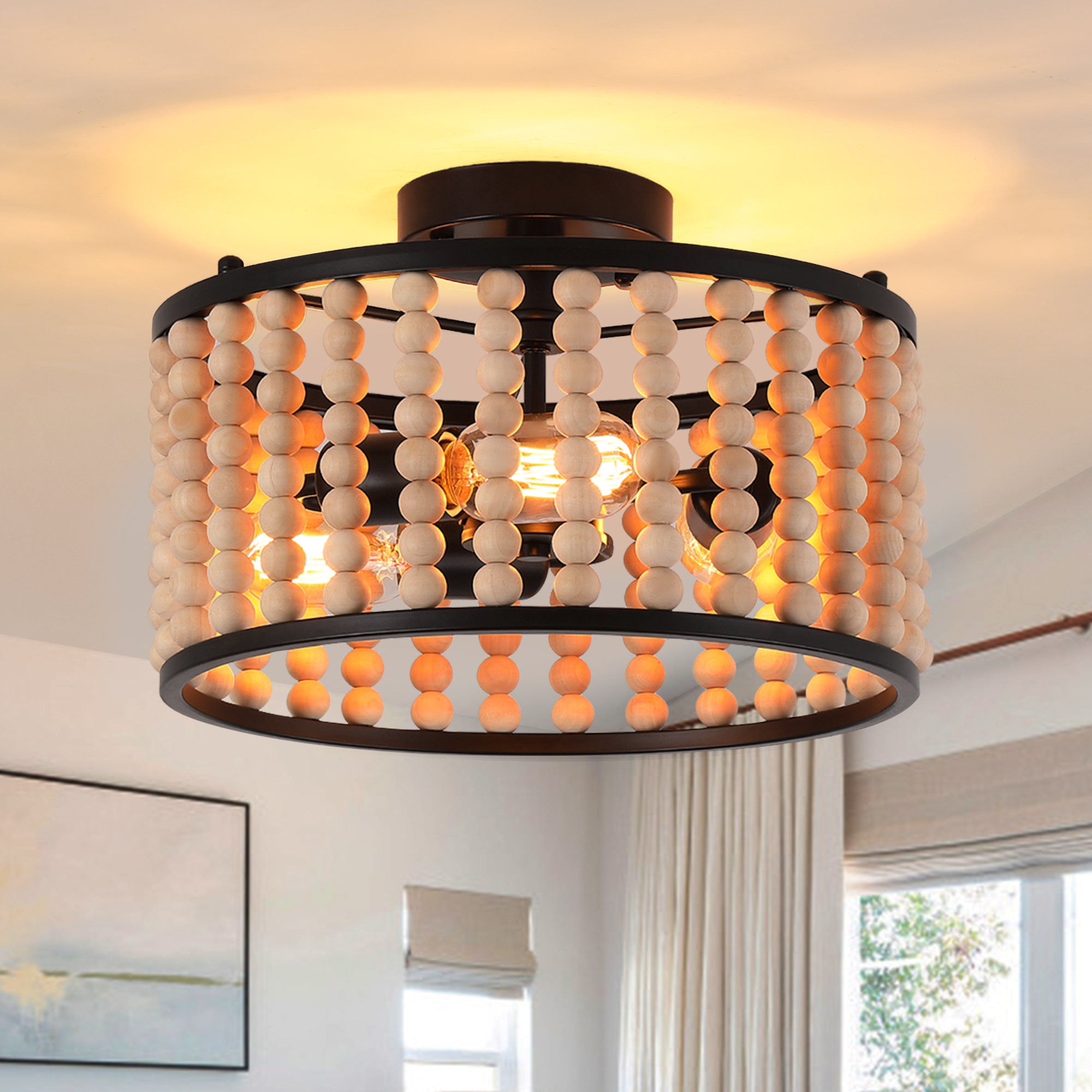 Dakota Fields 13'' Boho Wood Bead Semi Flush Mount Ceiling Light ...