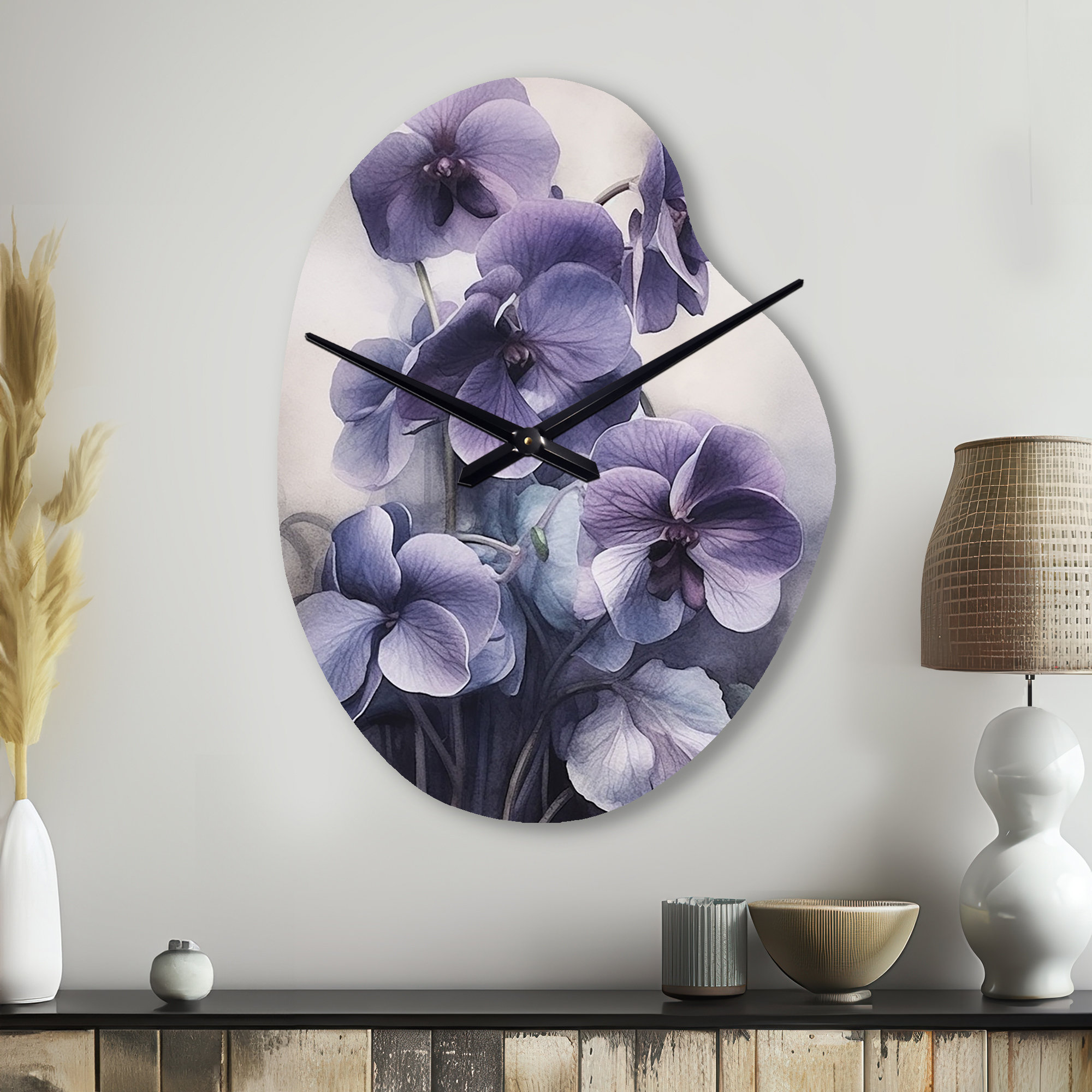 Design Art Purple Grey Violets Dream II - Pear Shape Purple Wall Clock ...