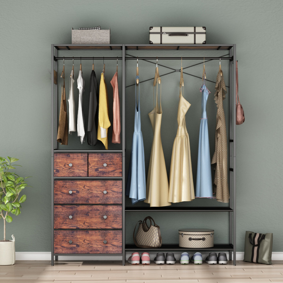 17 Stories Jalmer Clothes Rack with 5 Drawer & 4 Storage Shelf, 59"W*71 ...