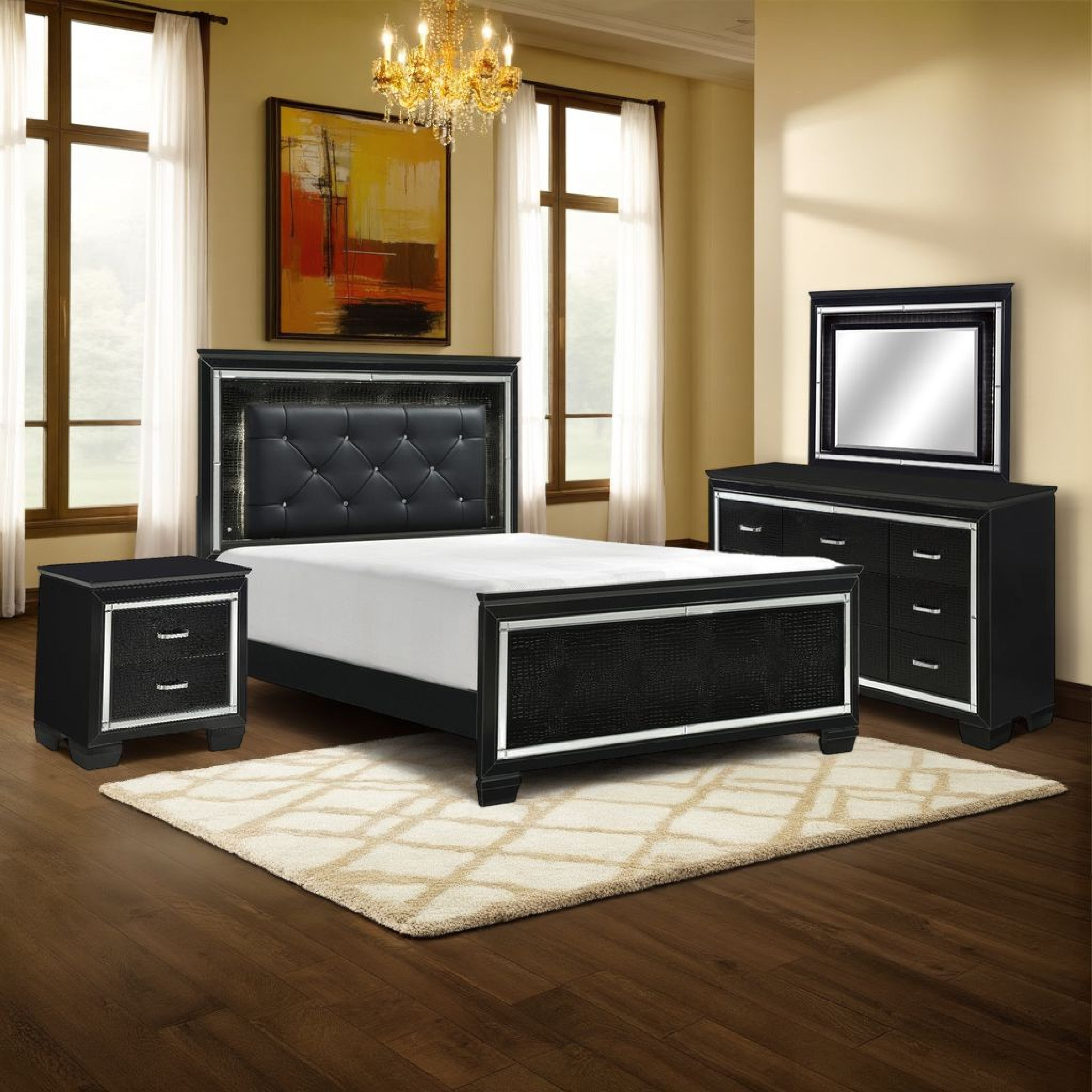 Benjara Alen 4 Pc Queen Size Bedroom Set, Button Tufting, Mirror Trim ...