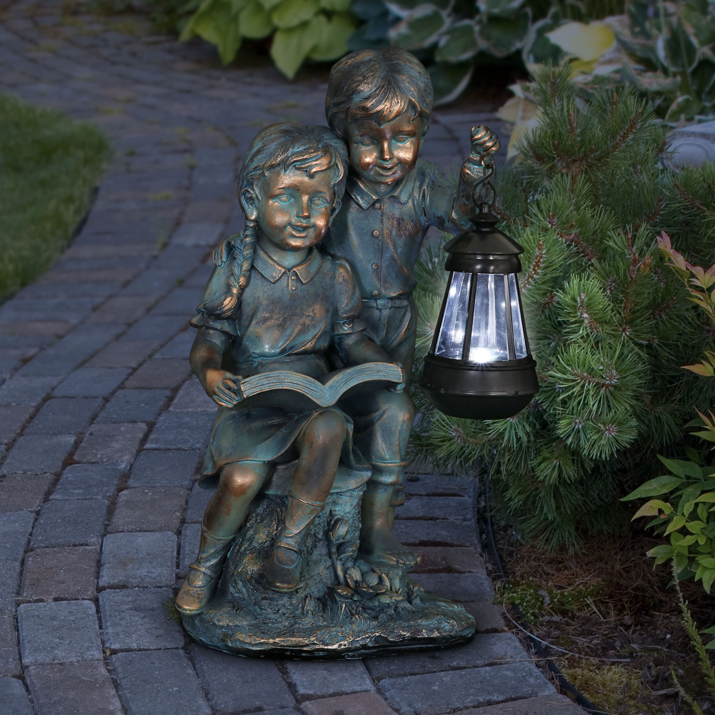 Exhart Solar Antique Innocence Faux Bronze Boy and Girl Statue, 9 by 15 ...