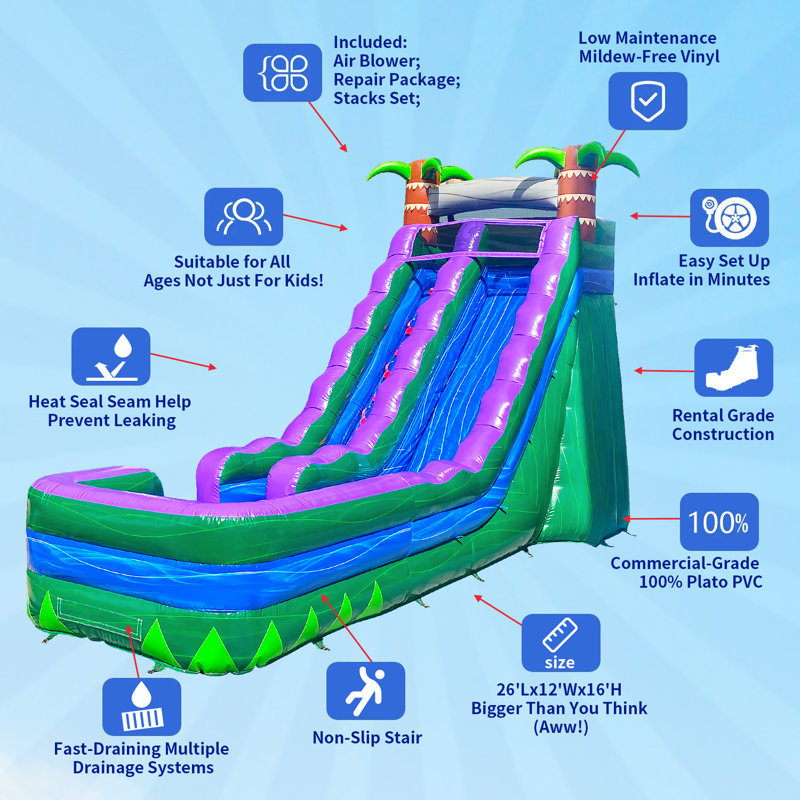 GOOSH 16' x 26' Purple Tropical Commercial Grade Water Slide with ...