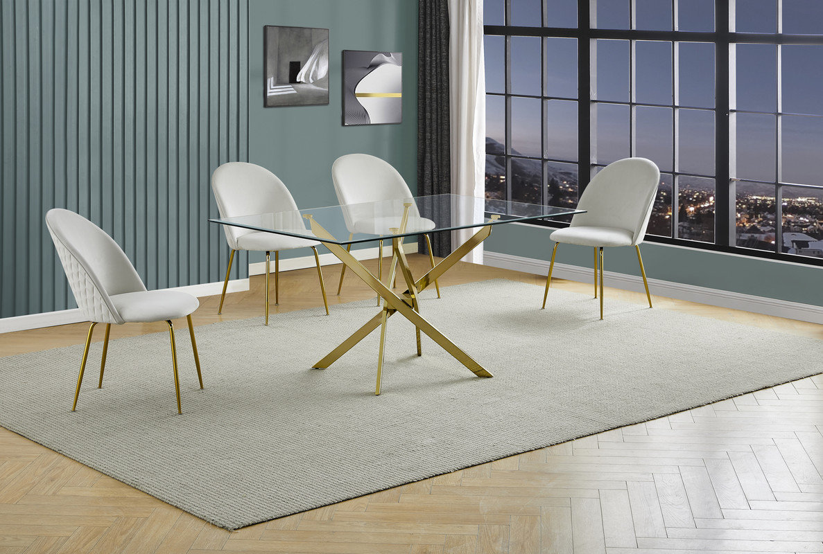 Everly Quinn Glass Table Dining Set With Velvet Side Chairs And Gold ...