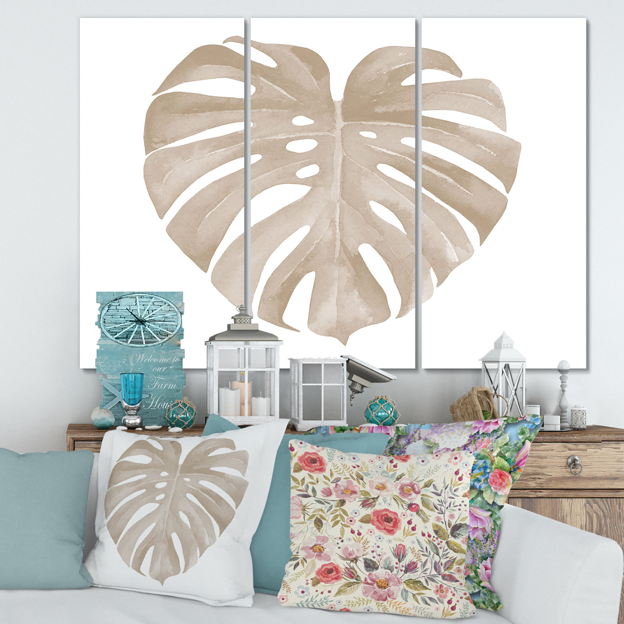 East Urban Home Ivory Pastel Monstera Heart Shaped Tropical Leaf ...