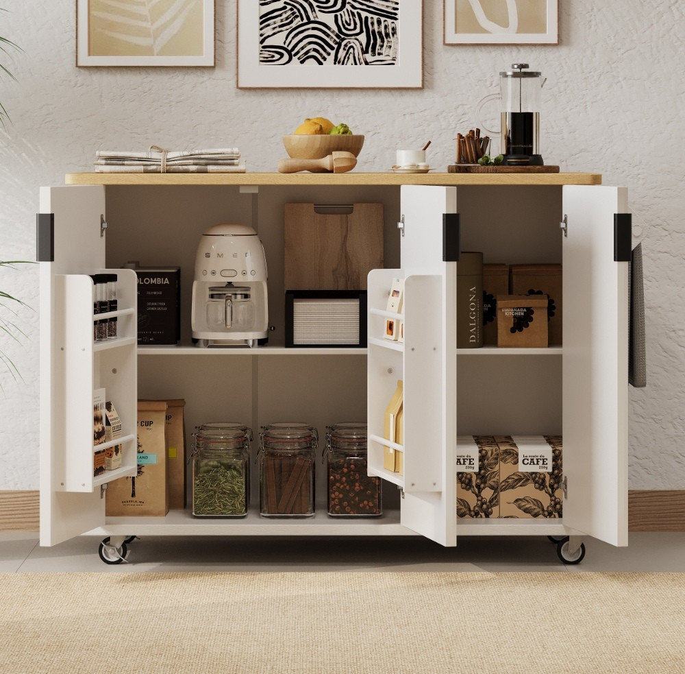 Latitude Run® Fluted Farmhouse Kitchen Island with Drop Leaf - Lockable ...