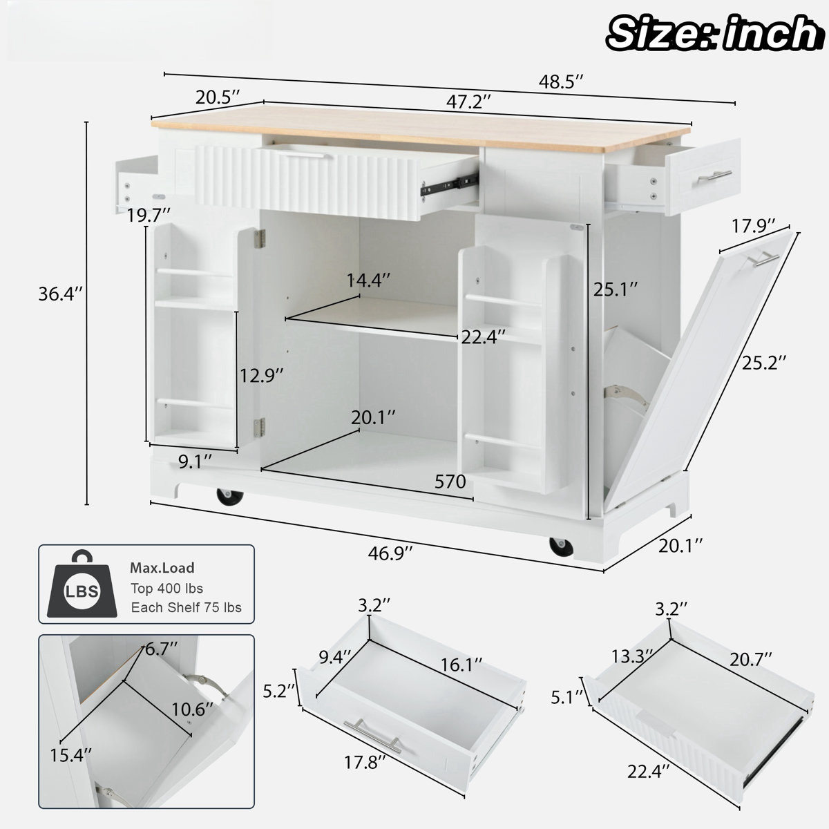 Lark Manor™ Fluted Kitchen Island With Tilt-out Trash Can, Power Outlet ...