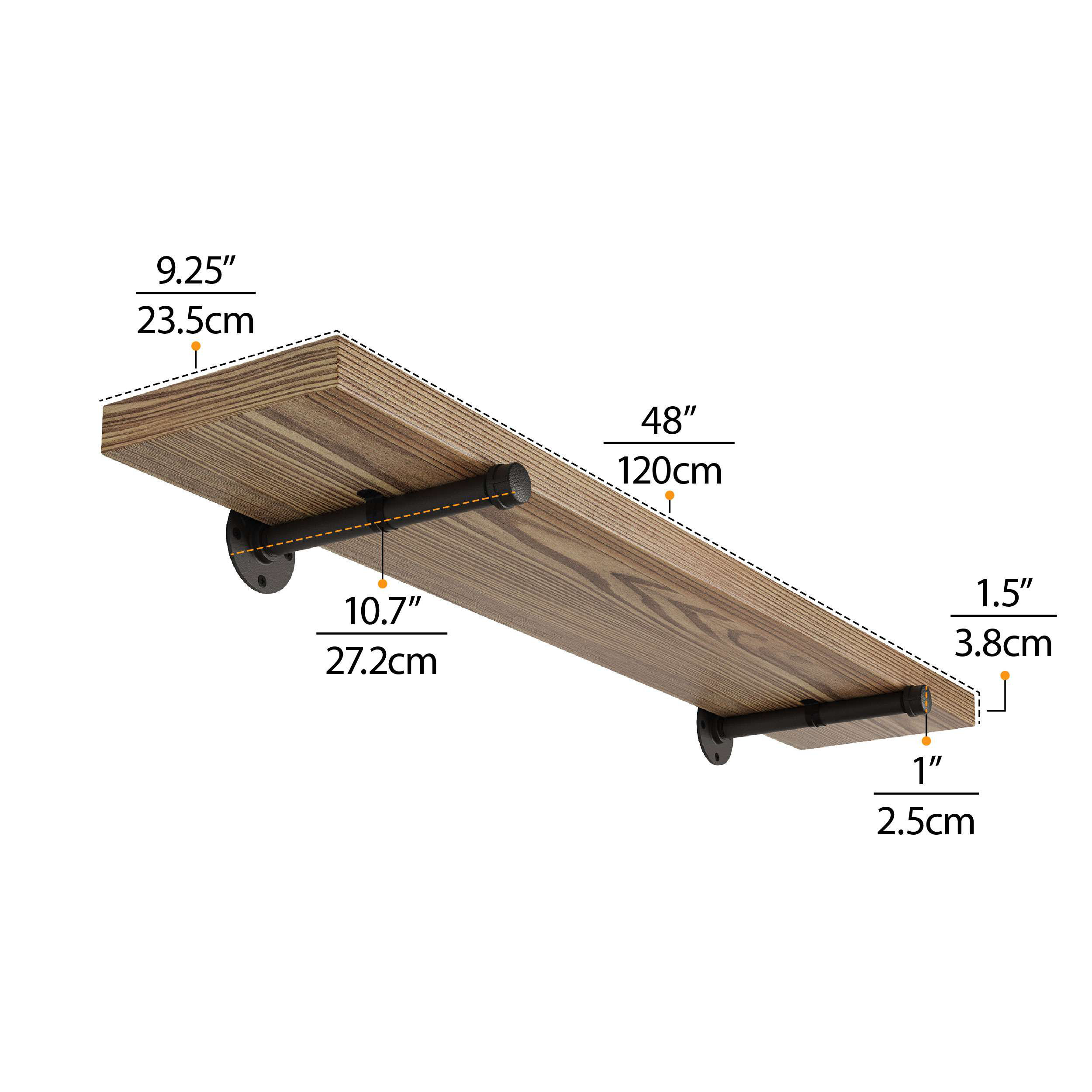 17 Stories Vertell Long Wall Shelf, Industrial Pipe Shelving, Wooden ...