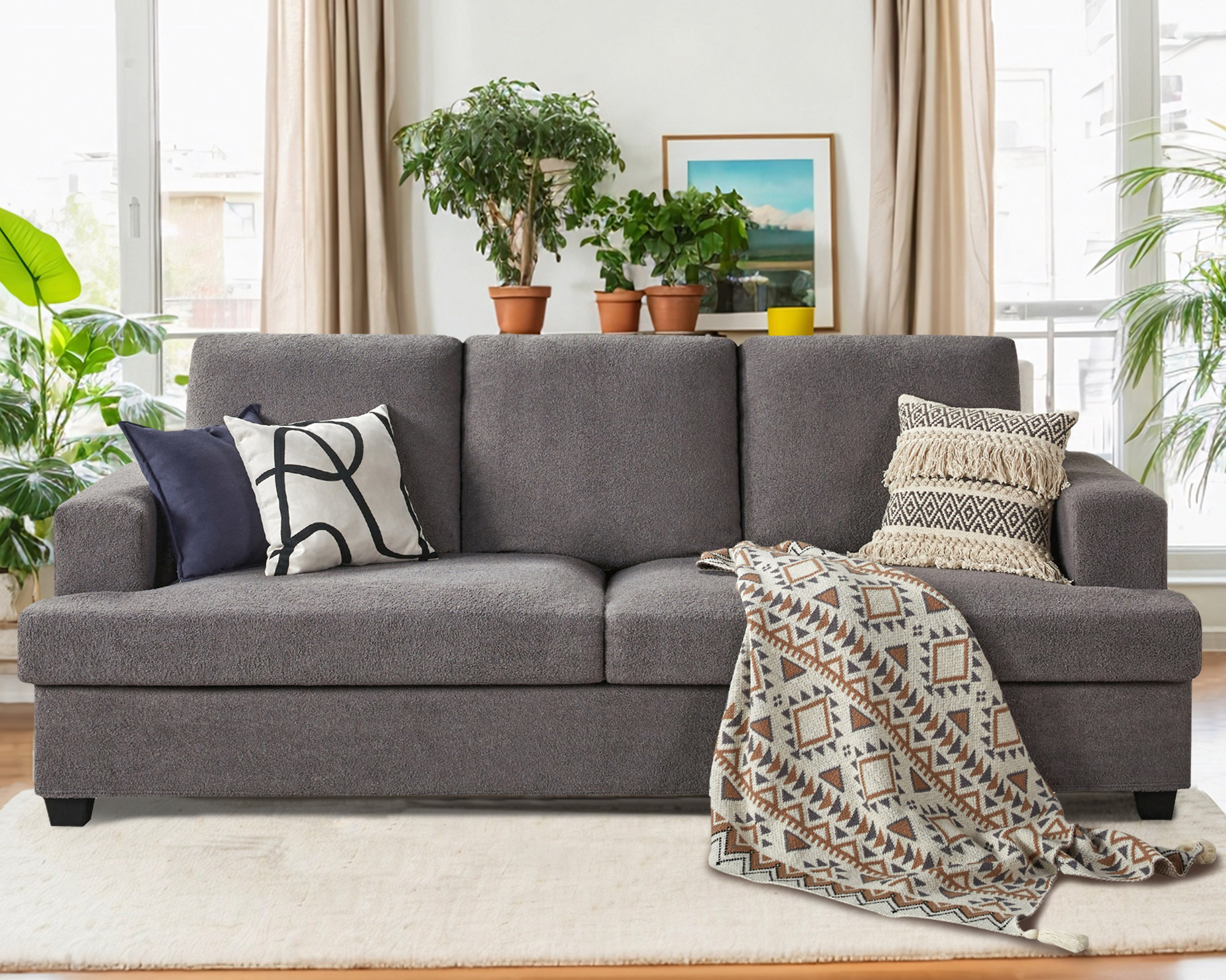 Ebern Designs Deep Seat Modern Sofa With Square Armrest, 3 Seater Sofa ...