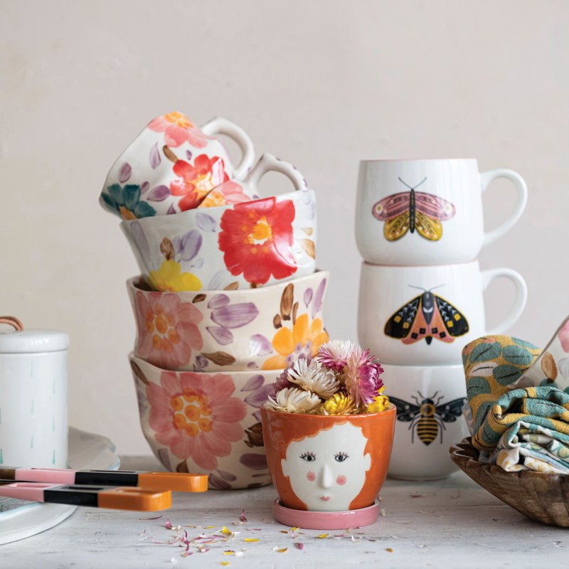 Rosalind Wheeler Stoneware Mugs With Painted Winged Insects | Wayfair