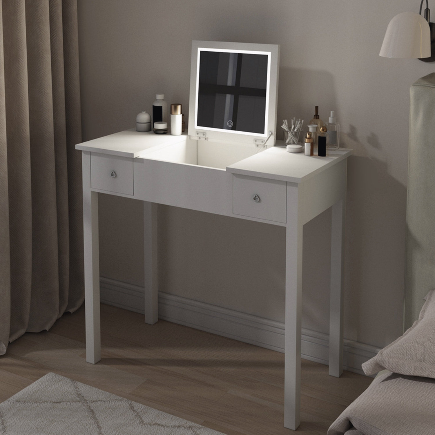 Latitude Run® Sleek Vanity Table with LED Lights, Flip-Top Mirror and 2 ...
