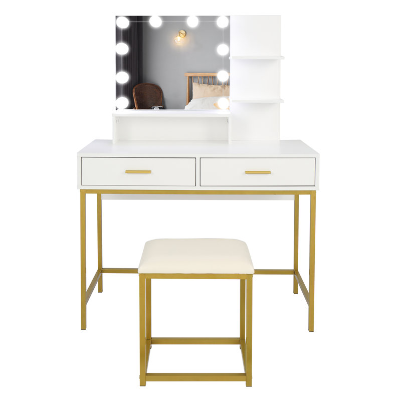 Everly Quinn Ronalie 39.37'' Wide Vanity Set with Stool and Mirror ...