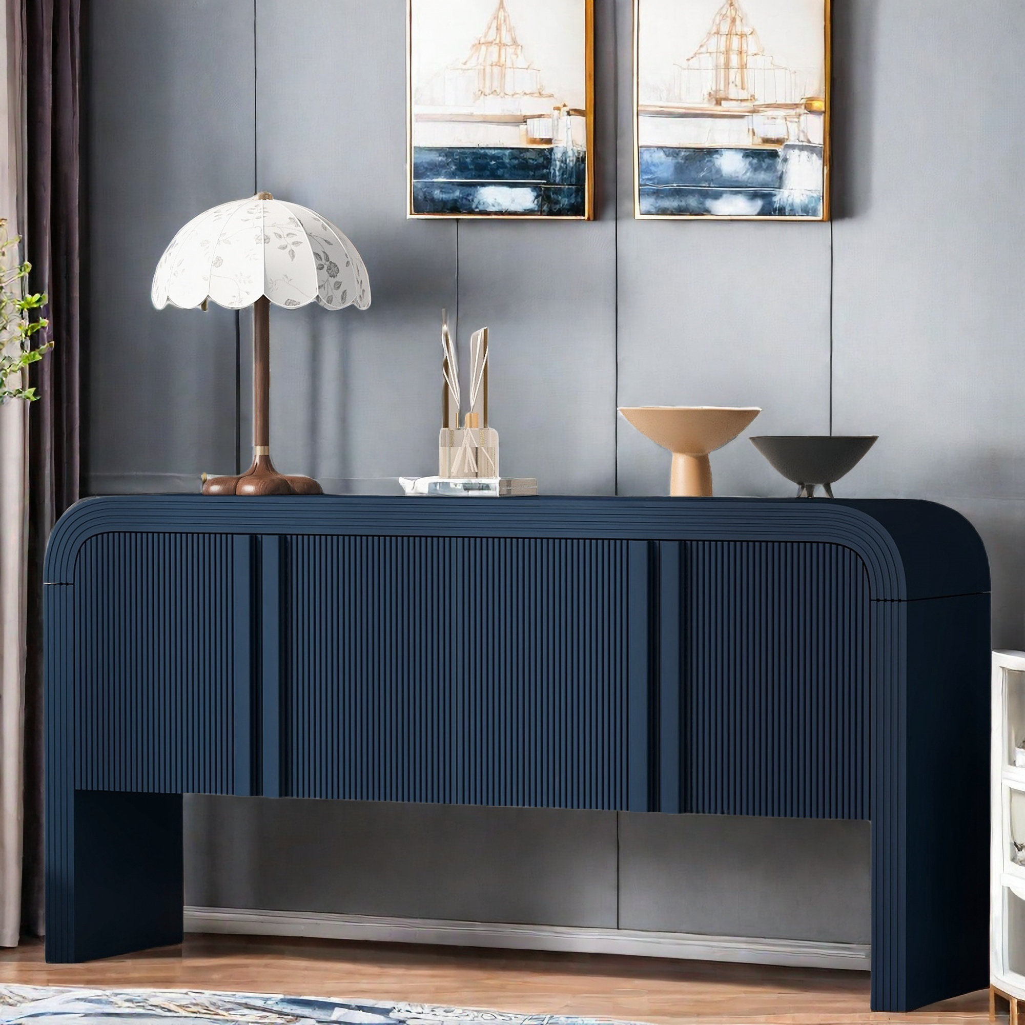 Ebern Designs Willernie Sideboard With Stripe Design, Adjustable Shelves And Curved Edge | Wayfair