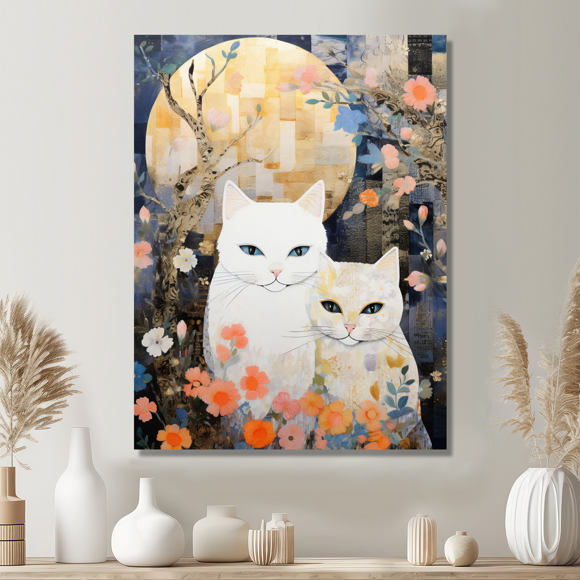 Winston Porter Cute White Cats Flower Full Moon - Cat Wall Art | Wayfair